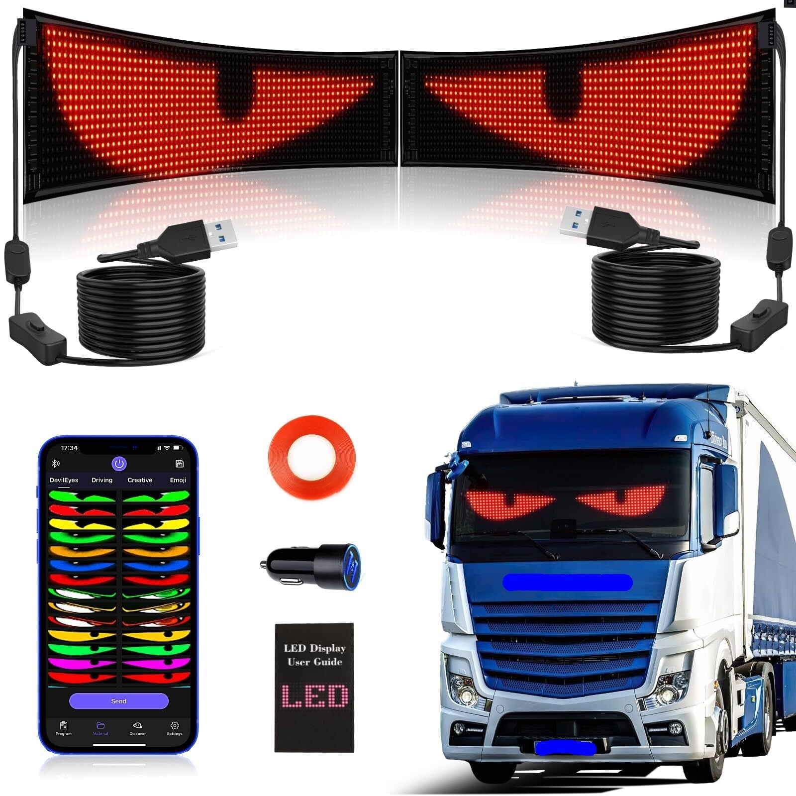 Devil Eyes Light for Car, 15"x4" Programmable Flexible Scrolling LED ...