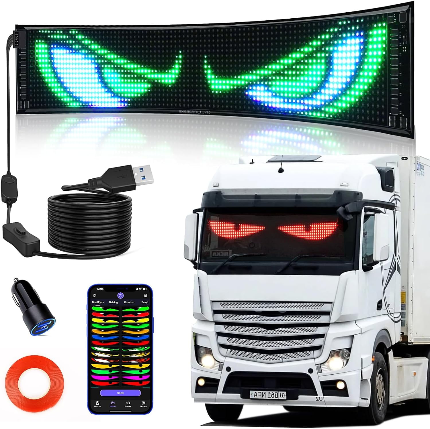 Devil Eyes Light for Windshield, 23"x5" Flexible APP Control Scrolling ...