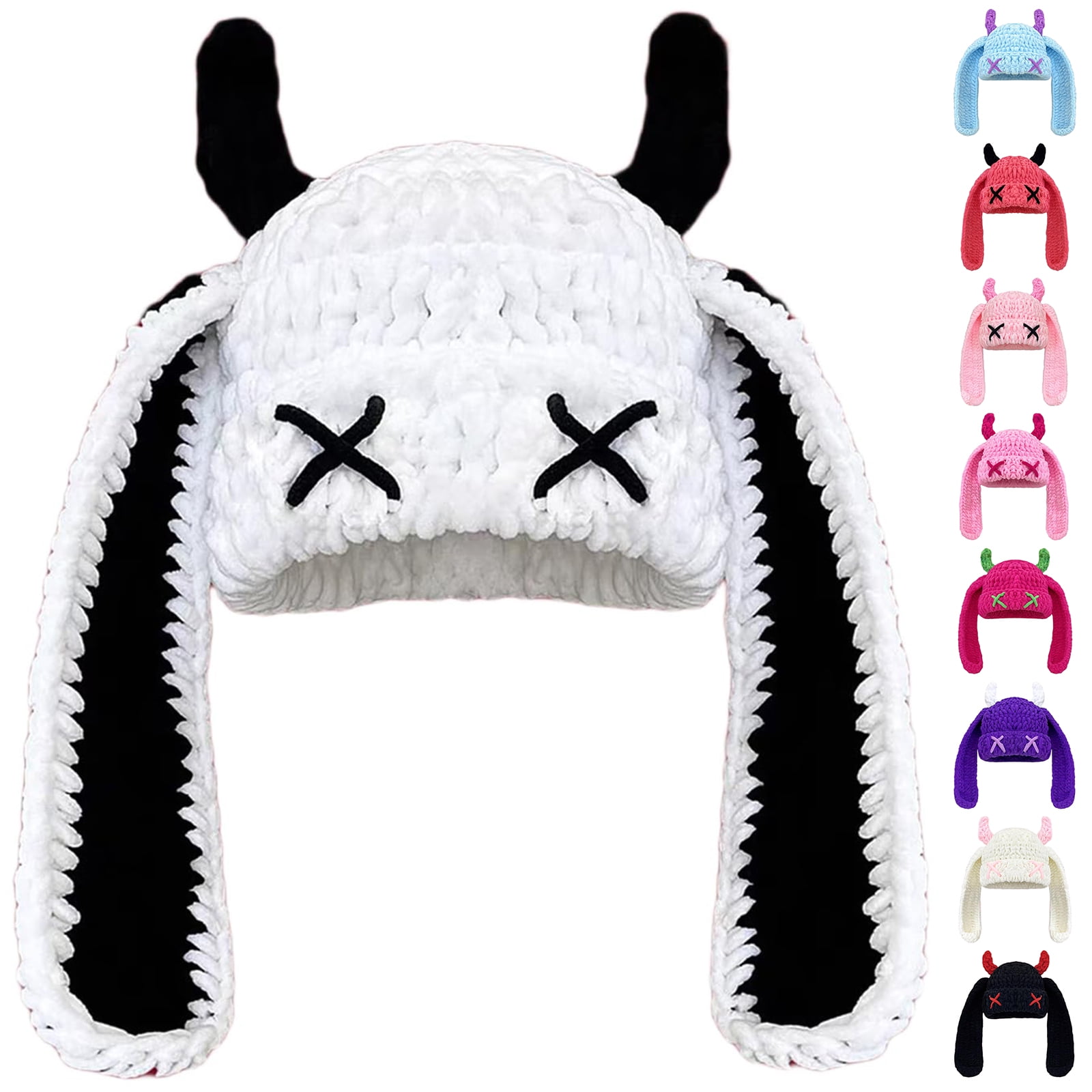 Devil Horn Beanie, Knit Skull Cap with Long Pointed Ears and Horns ...