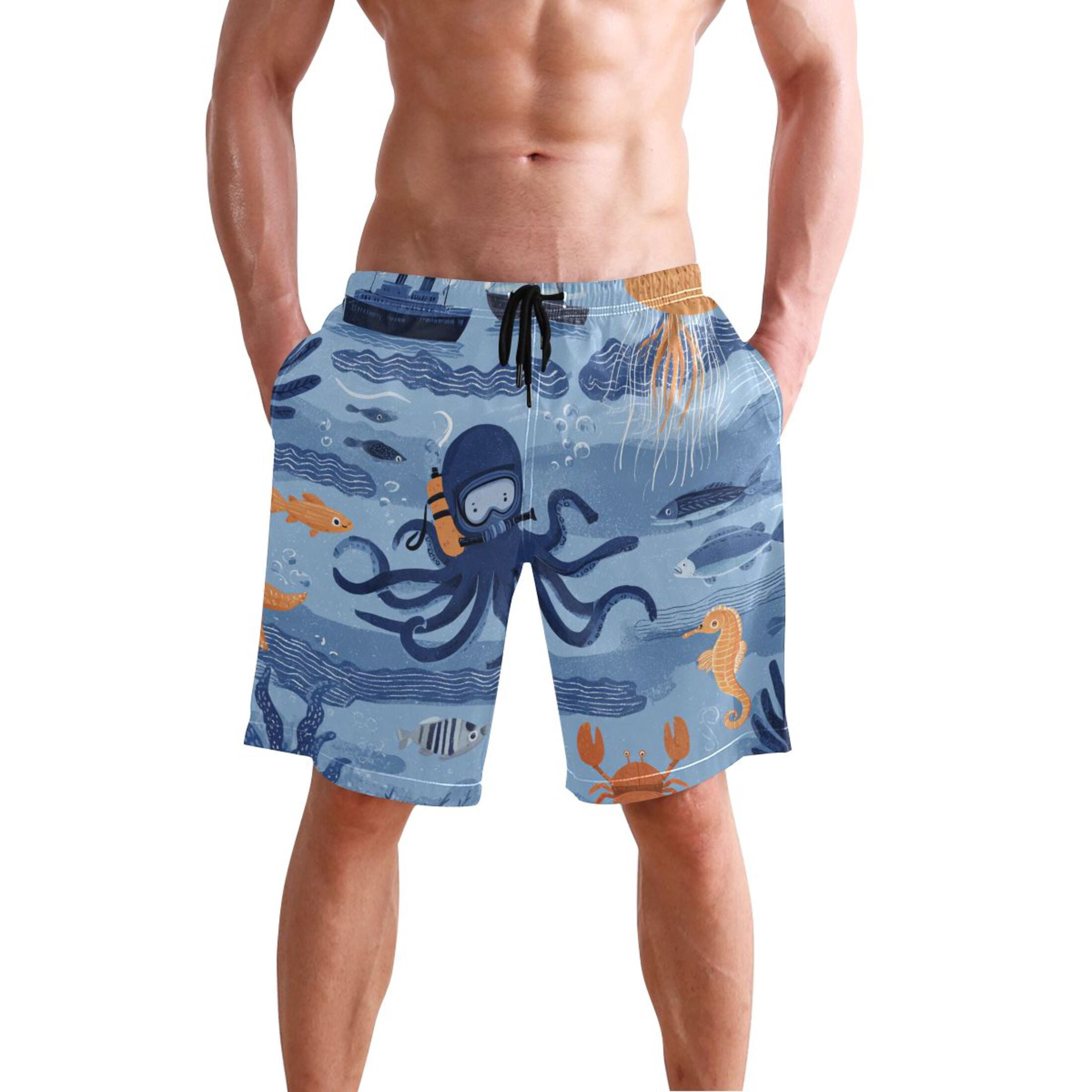 Devilfish Jellyfishes Boats Fishes Men's Swim Trunks Beach Shorts ...
