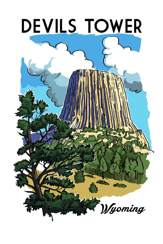 Devils Tower, Wyoming, Line Drawing (24x36 Giclee Gallery Art Print ...
