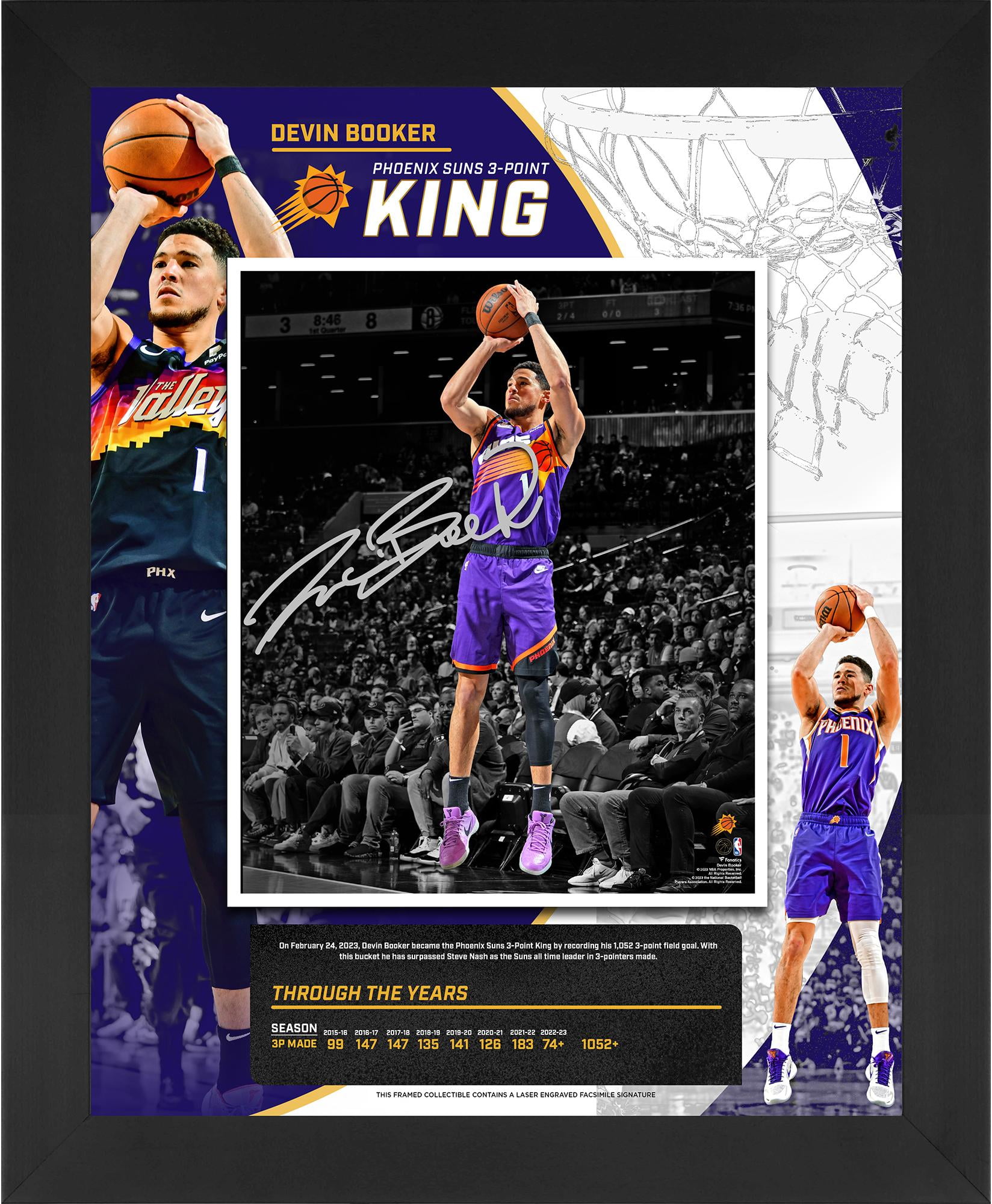 Devin Booker Phoenix Suns Framed 16" x 20" 2022 Franchise Three Point King Floating Photo ...