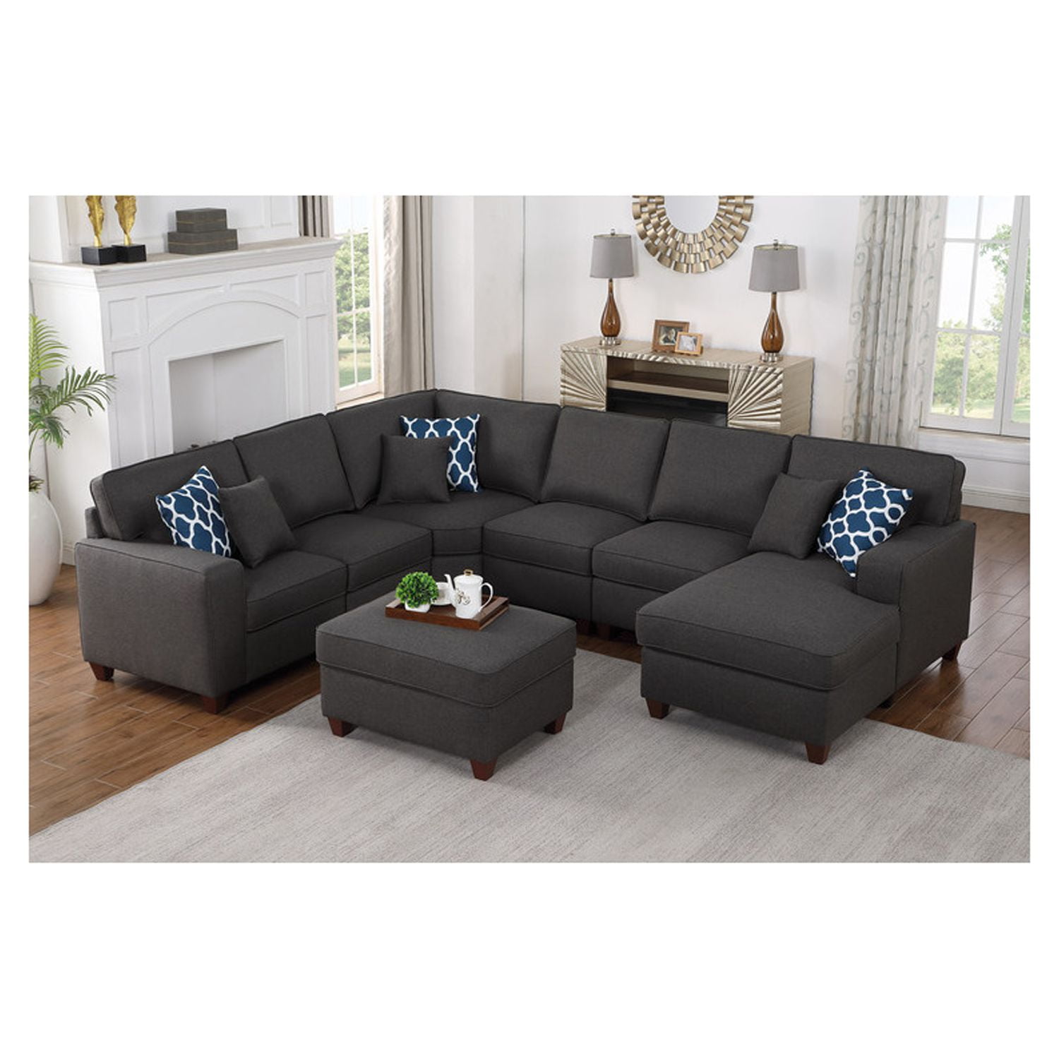 Devion Furniture 7-Piece Upholstered Modern Fabric Sectional-Color:Dark ...