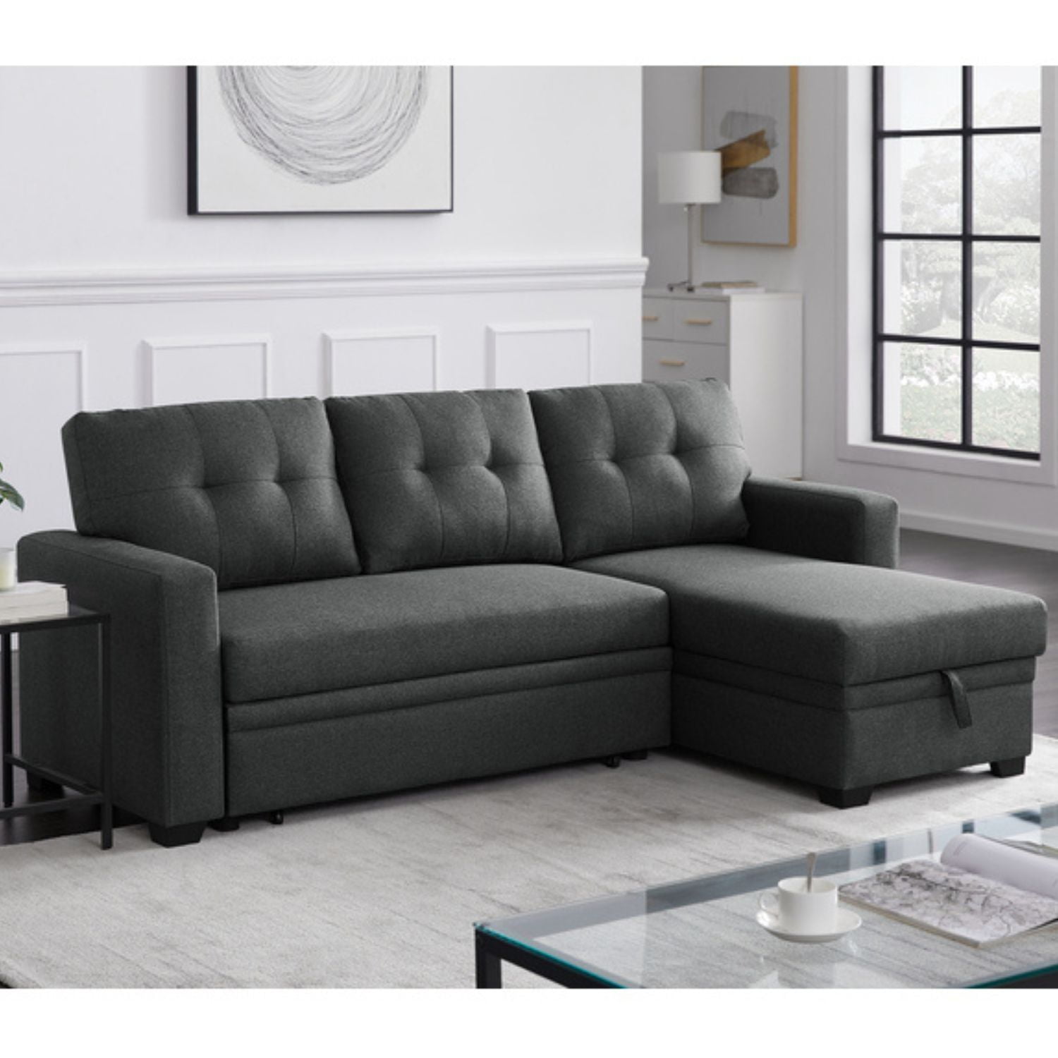 Devion Furniture Convertible Sleeper Sectional Sofa with Storage, Dark Gray Polyester Fabric ...