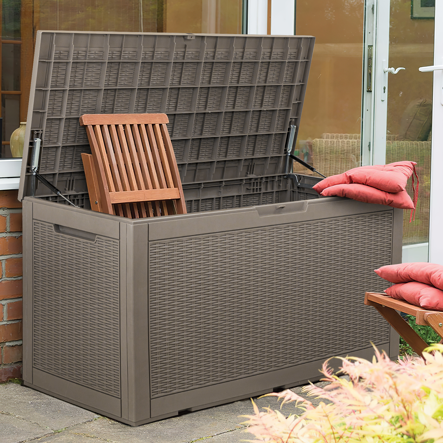 Suncast 72 Gallon Capacity Resin Wicker Outdoor Patio Storage Deck Box ...