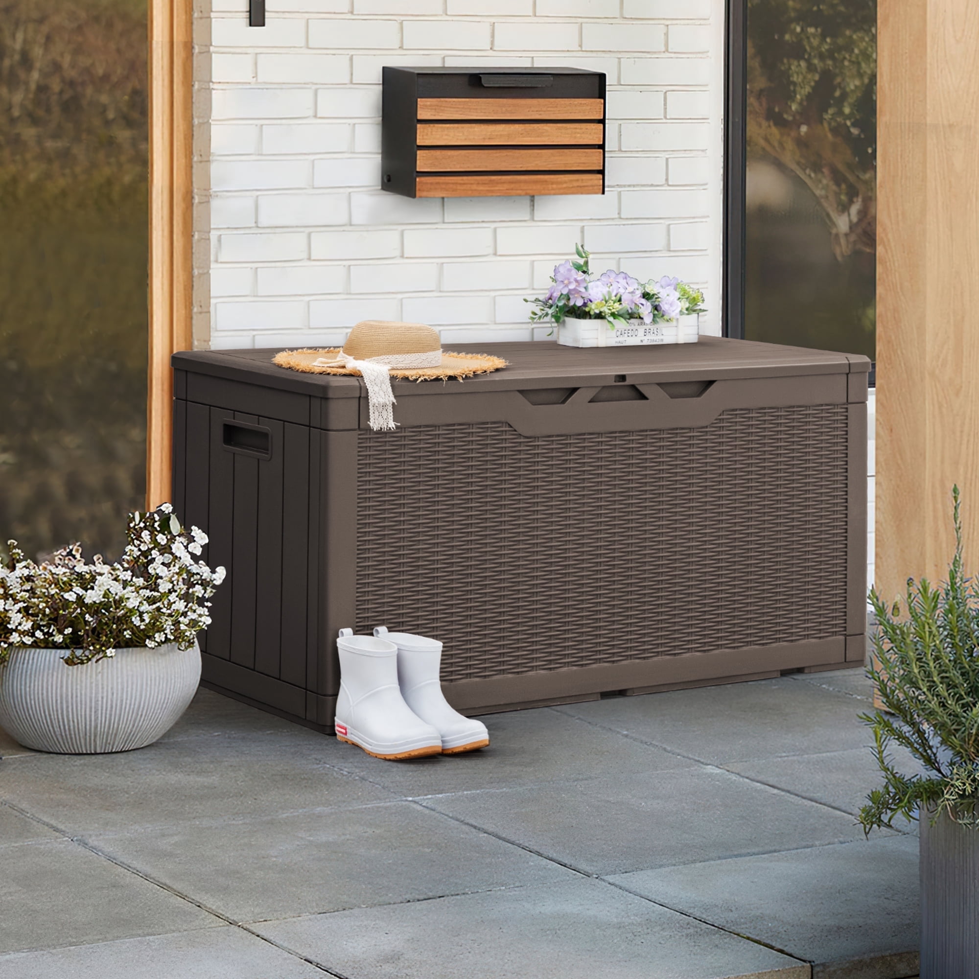 Devoko Resin Deck Box, 100 Gallon, Waterproof, Outdoor Storage Bench ...