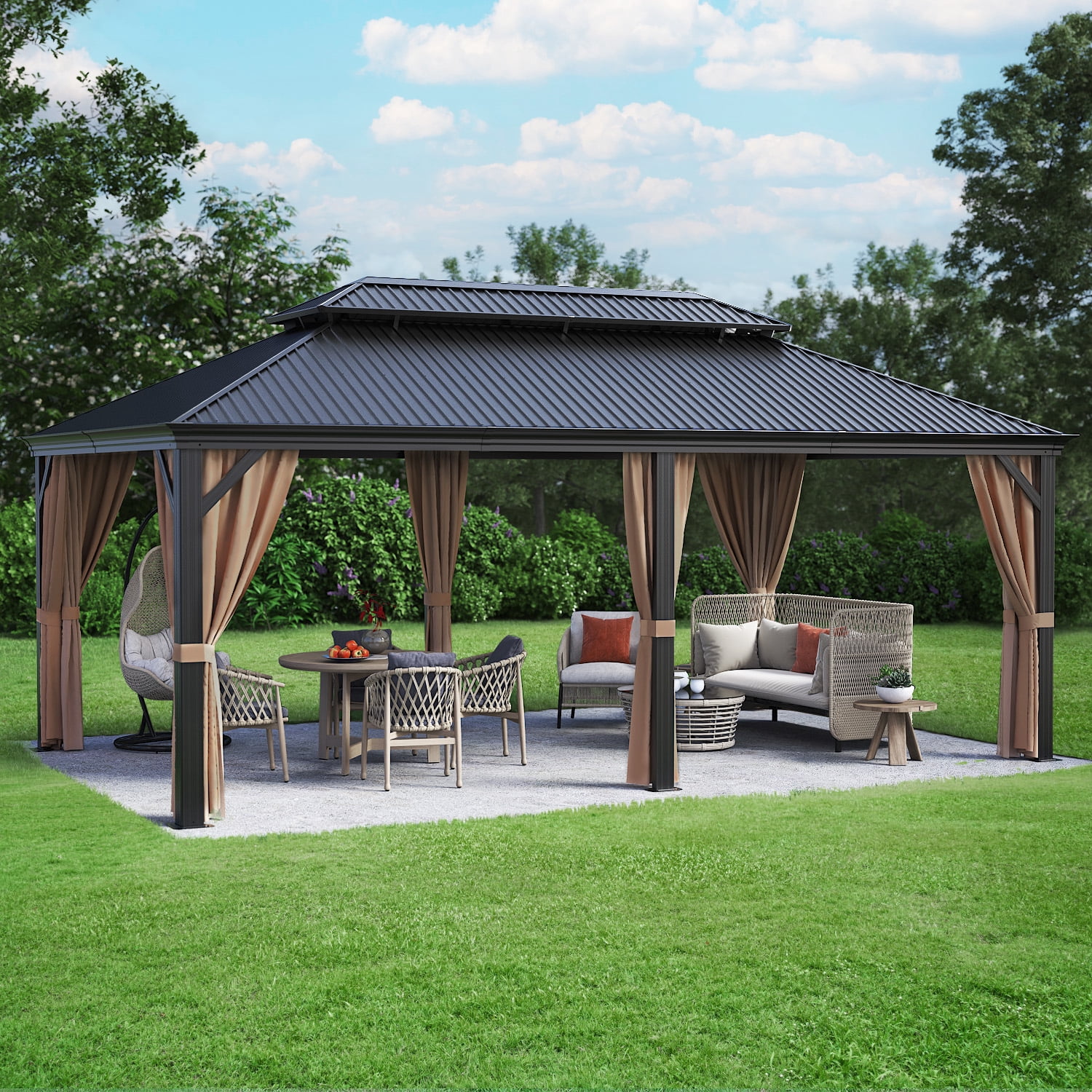 Devoko 12' x 20' Hardtop Gazebo with Netting & Curtains | Outdoor Steel ...