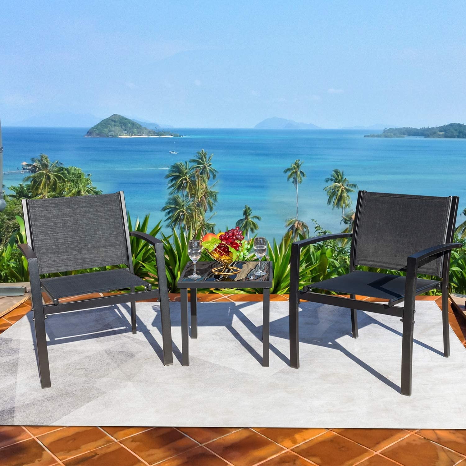 Devoko Patio Set, 3 Piece Outdoor Furniture, Black Textilene Chairs and ...