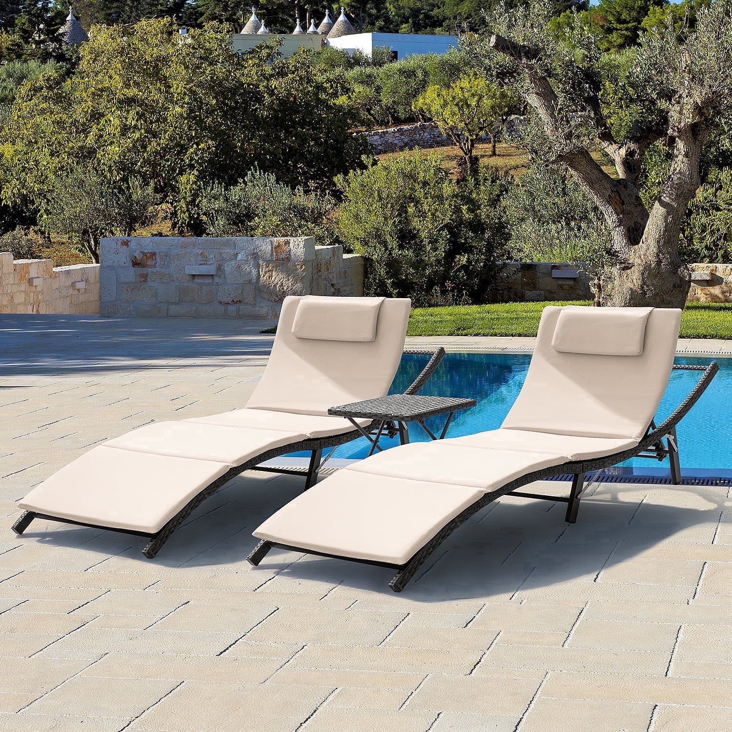 Devoko 3 Pieces Patio Lounge Chair Set, PE Rattan Adjustable Folding ...