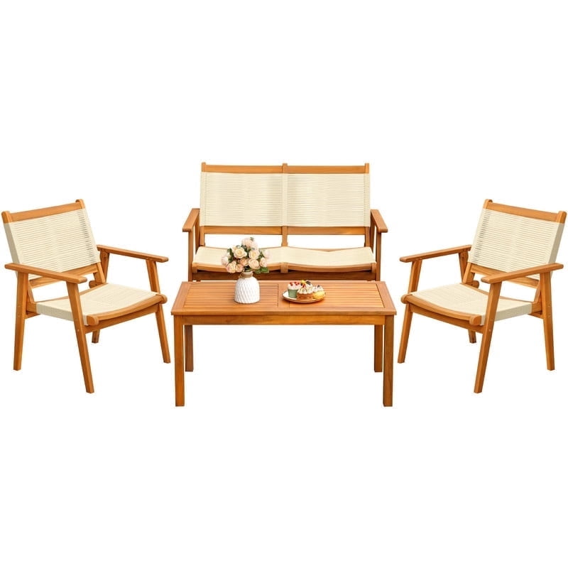 Devoko Outdoor Patio Conversation Sets, 4PCS Hand-Woven Rope Acacia ...