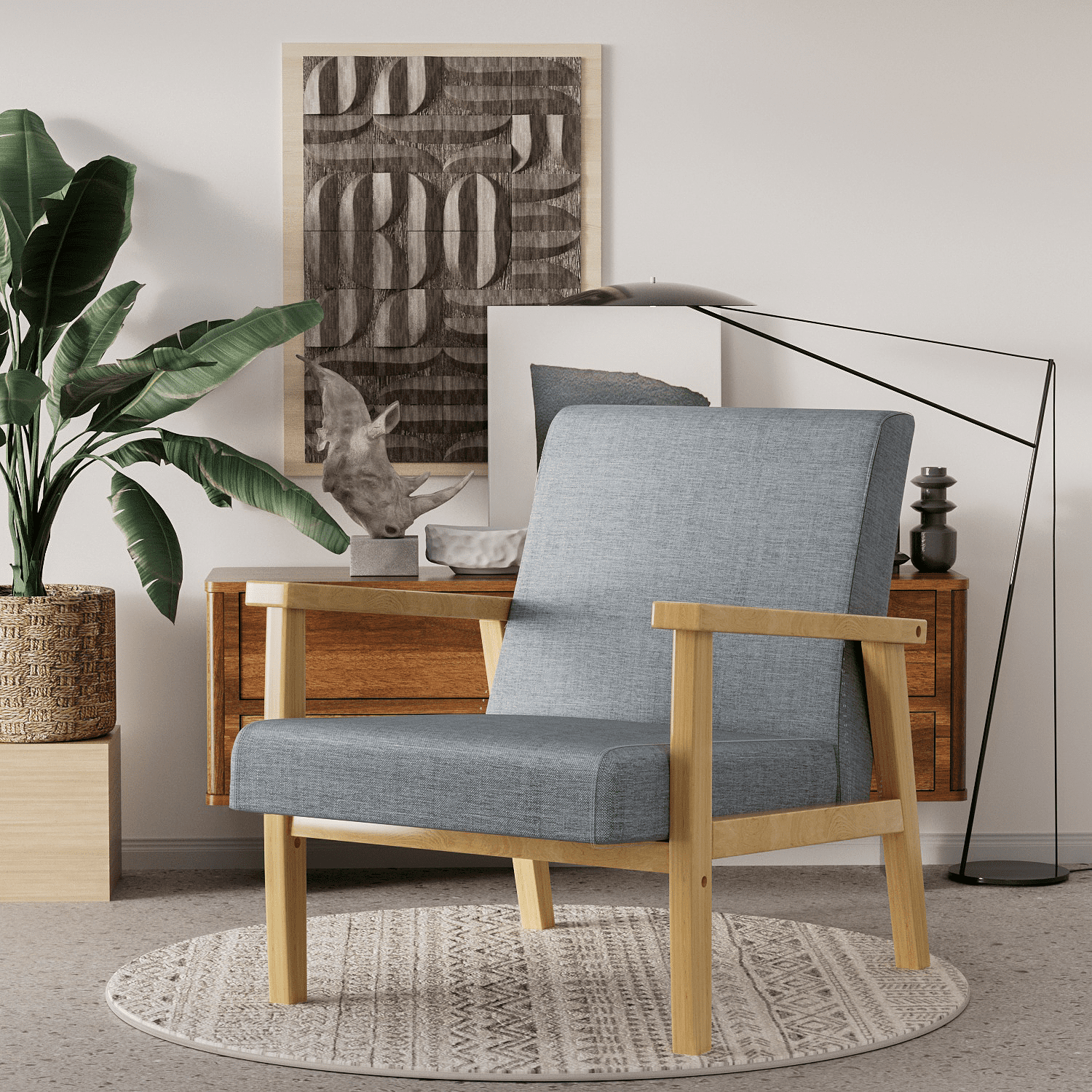 Devoko Comfortable Home Living Room Modern Arm Chair, Gray Linen Fabric ...