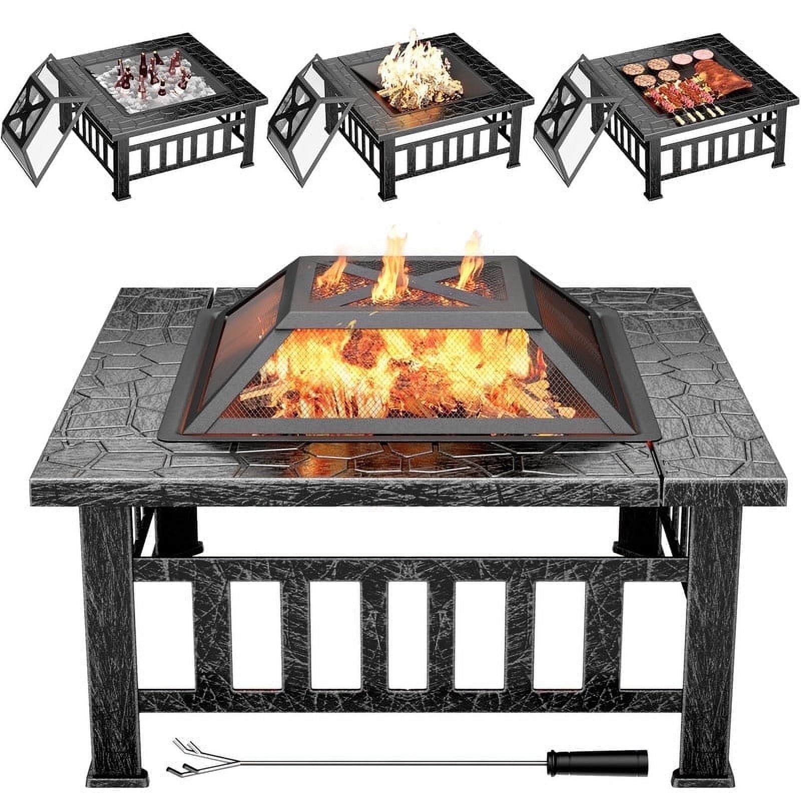 Devoko Outdoor 32" Square Metal Fire Pit with Cover and Poker, Silver ...