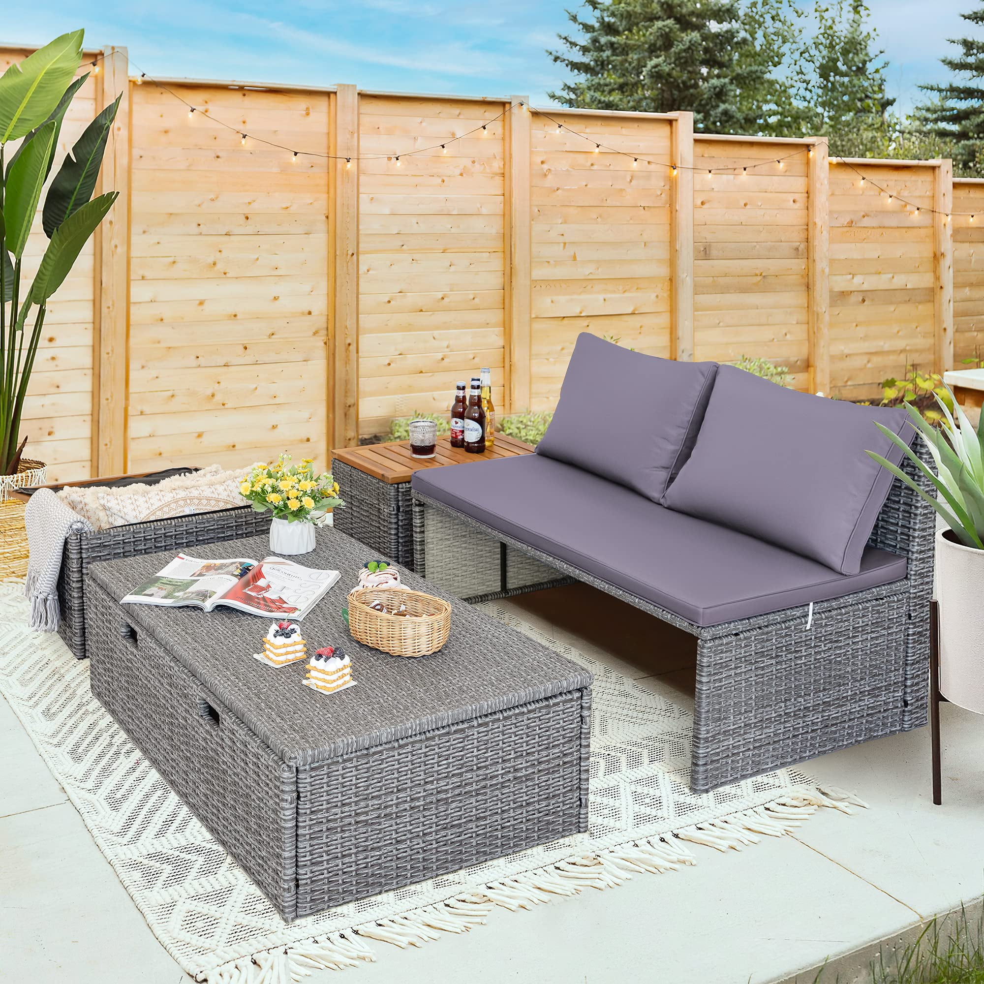 Devoko Outdoor Convertible Daybed, Gray Rattan Sofa with Storage, Patio ...