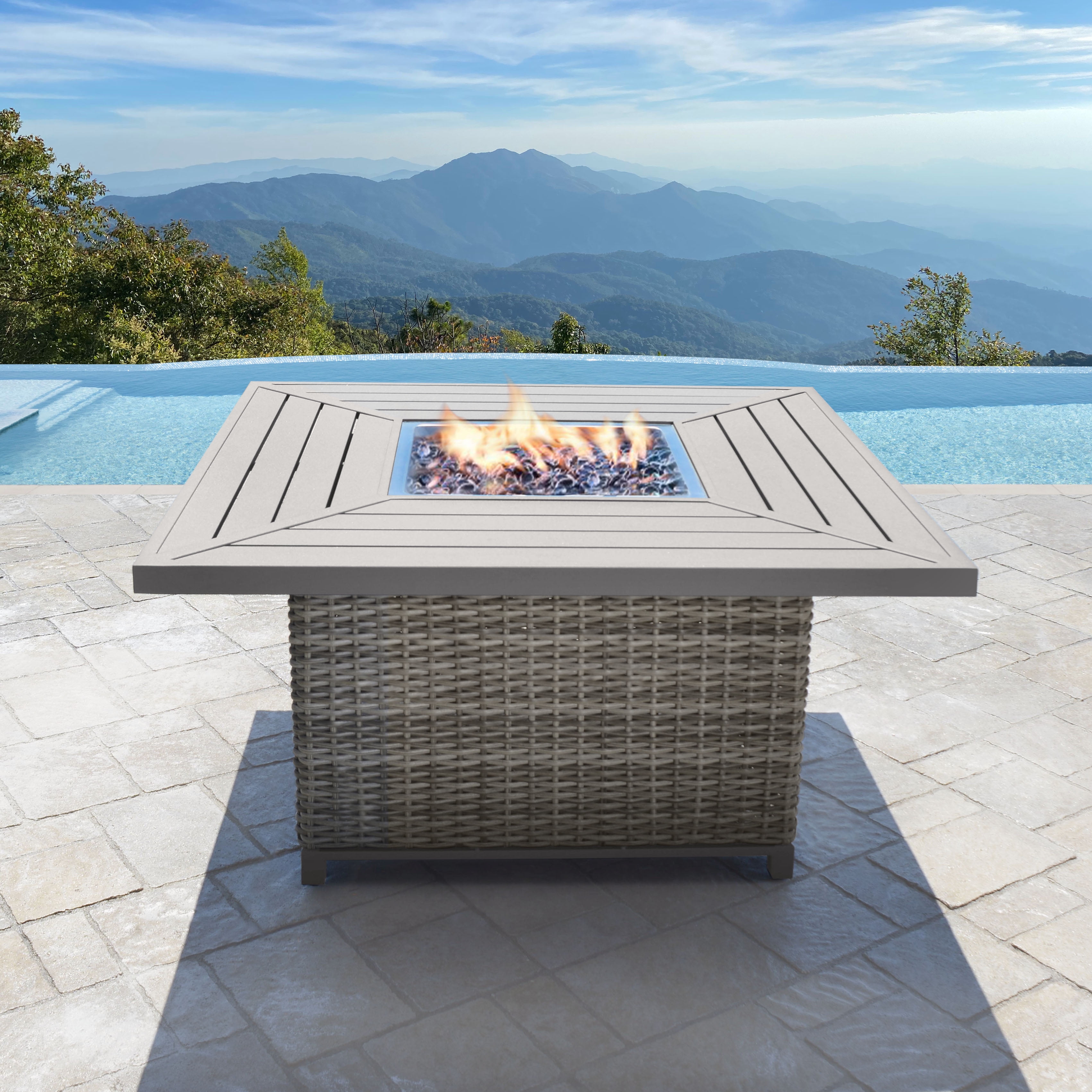 Devon & Claire Cory Outdoor Fire Table, Spa Blue Fabric, Beige Frame ...