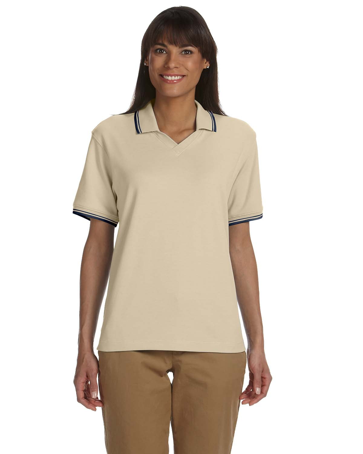 Devon & Jones Ladies' Tipped Perfect Pima Interlock Polo XL STONE/ NAVY ...