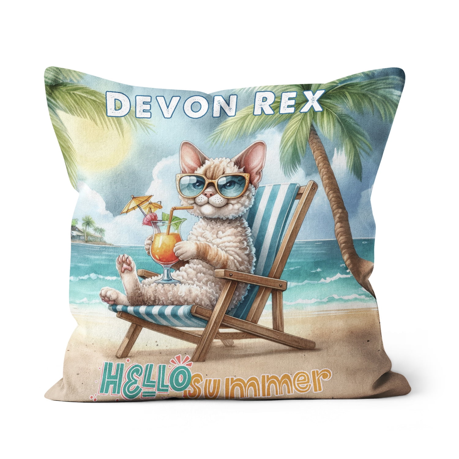 Devon Rex Hello Summer Beach Theme with Sunglasses and Tropical Cocktail Pillow Cushion Double ...