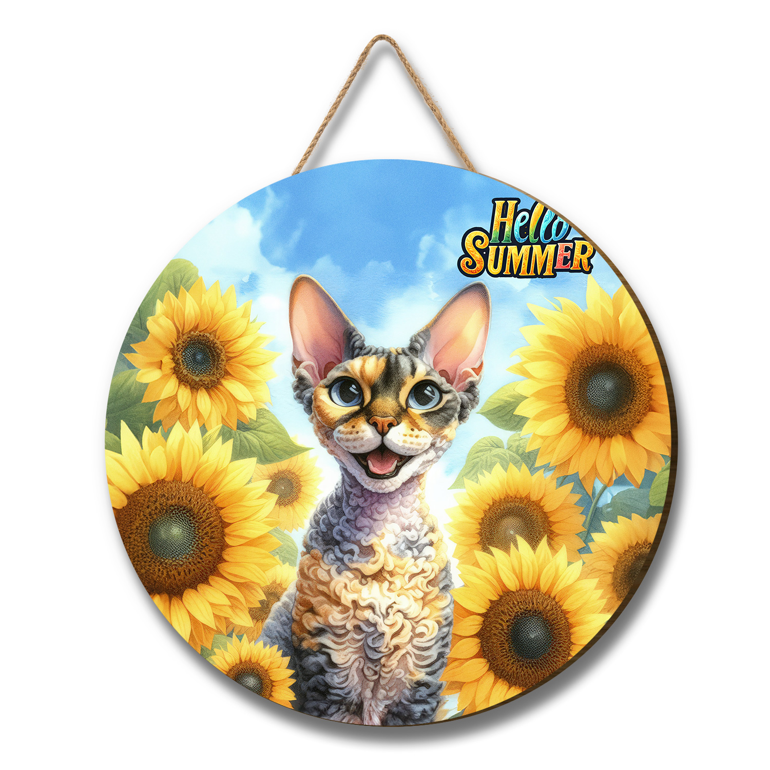 Devon Rex Hello Summer Sunshine Sunflowers Spring Retro Vintage Round ...