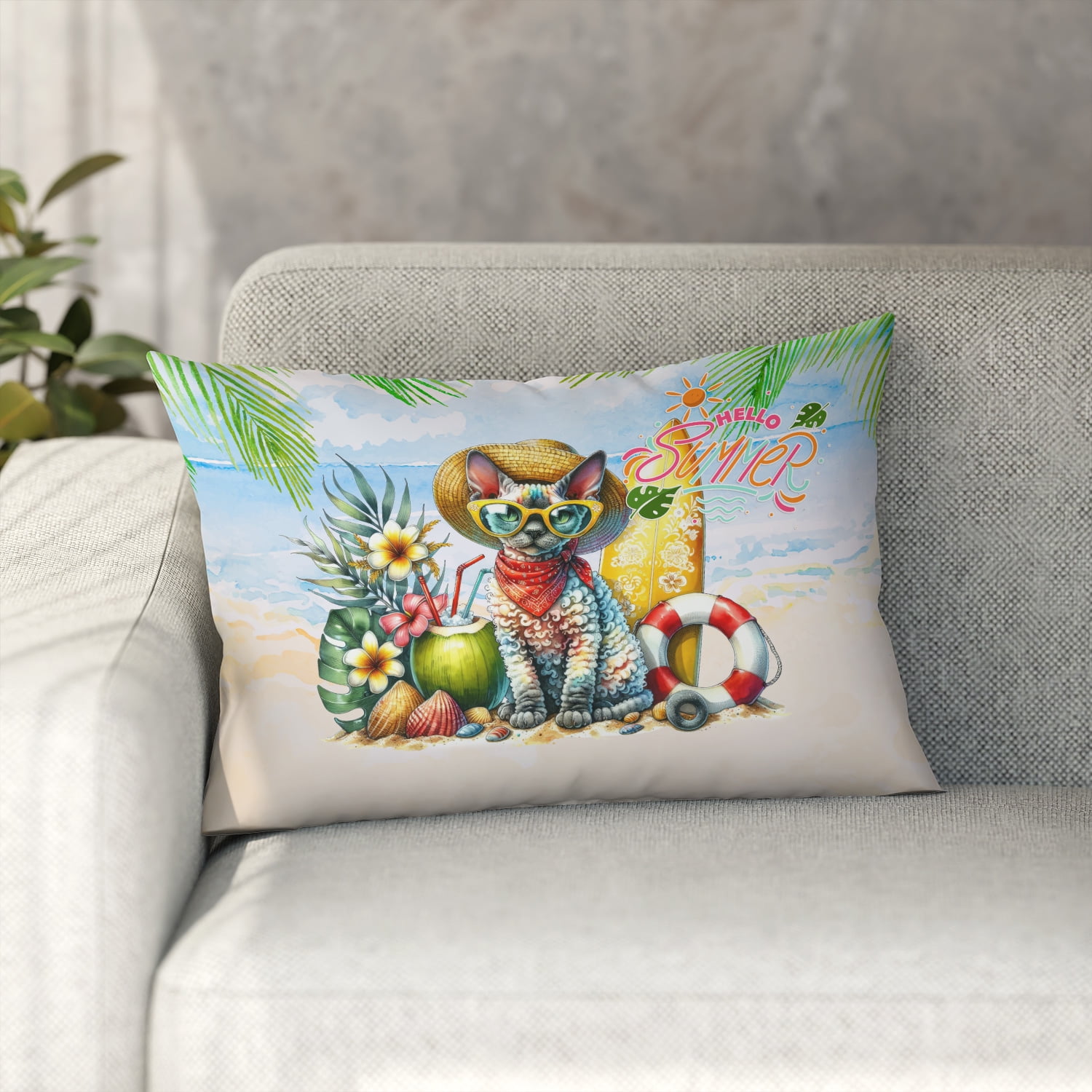 Devon Rex Hello Summer with Sunglasses and Surfboard Tropical Vibes Pillowcase Double Sided Cat ...