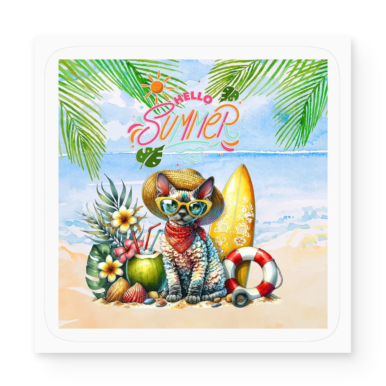 Devon Rex Hello Summer with Sunglasses and Surfboard Tropical Vibes ...