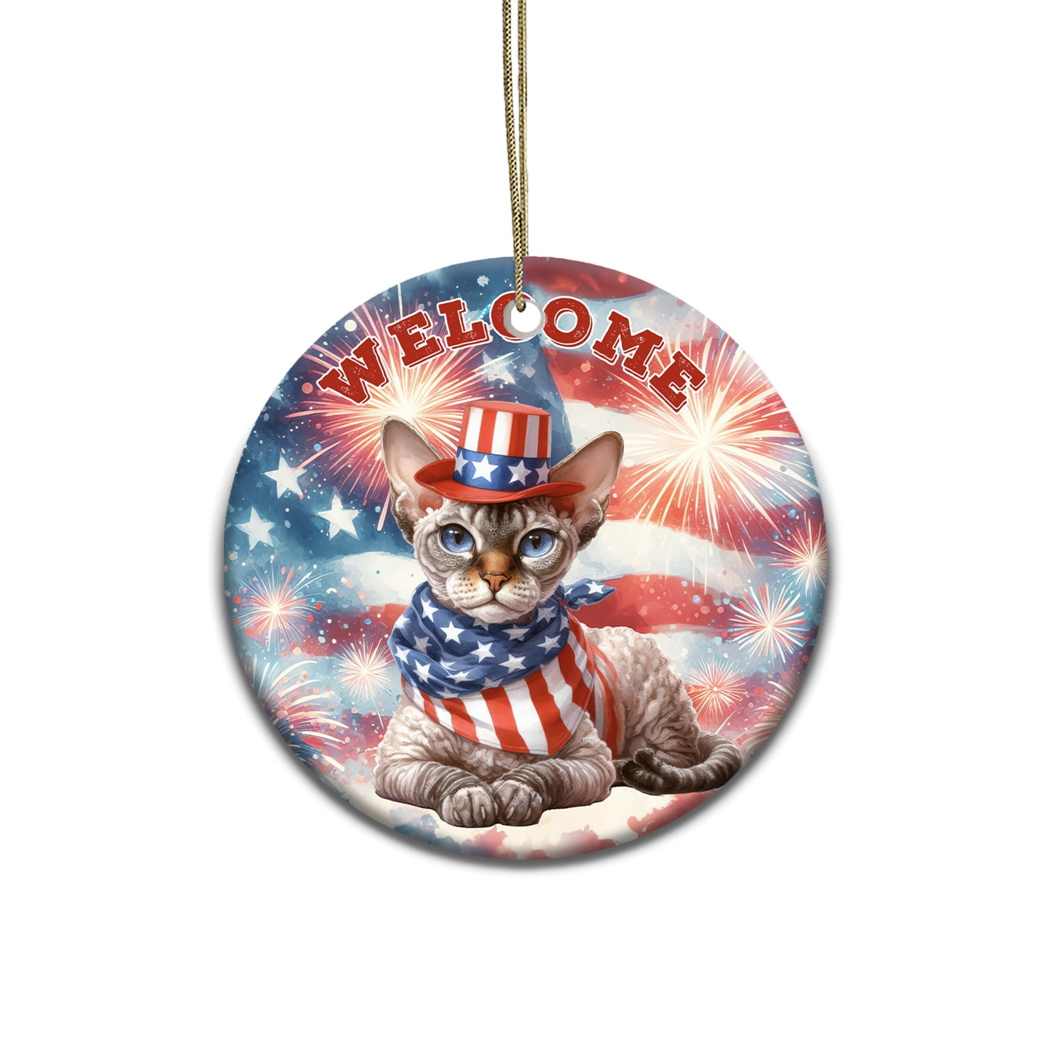 Devon Rex Patriotic Welcome for 4Th of July Independence Day Ceramic Round Ornament Cat Lover ...