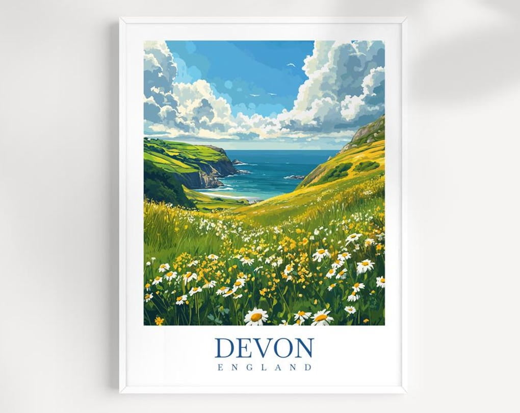 Devon Travel Print Wall Art – England Illustrated Coastal Countryside ...