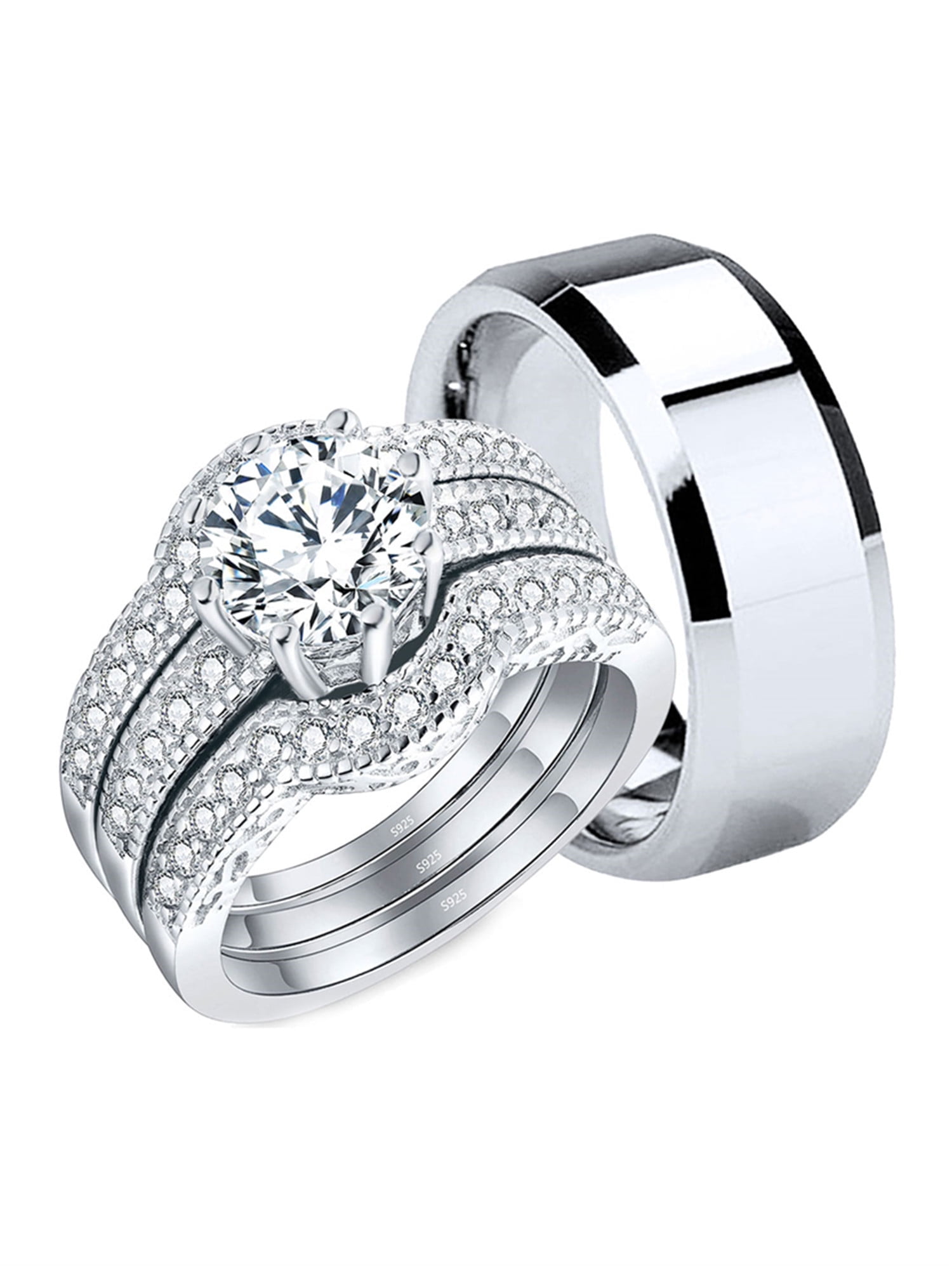 MABELLA Couple Rings Women's Sterling Silver CZ Engagement Wedding Ring ...