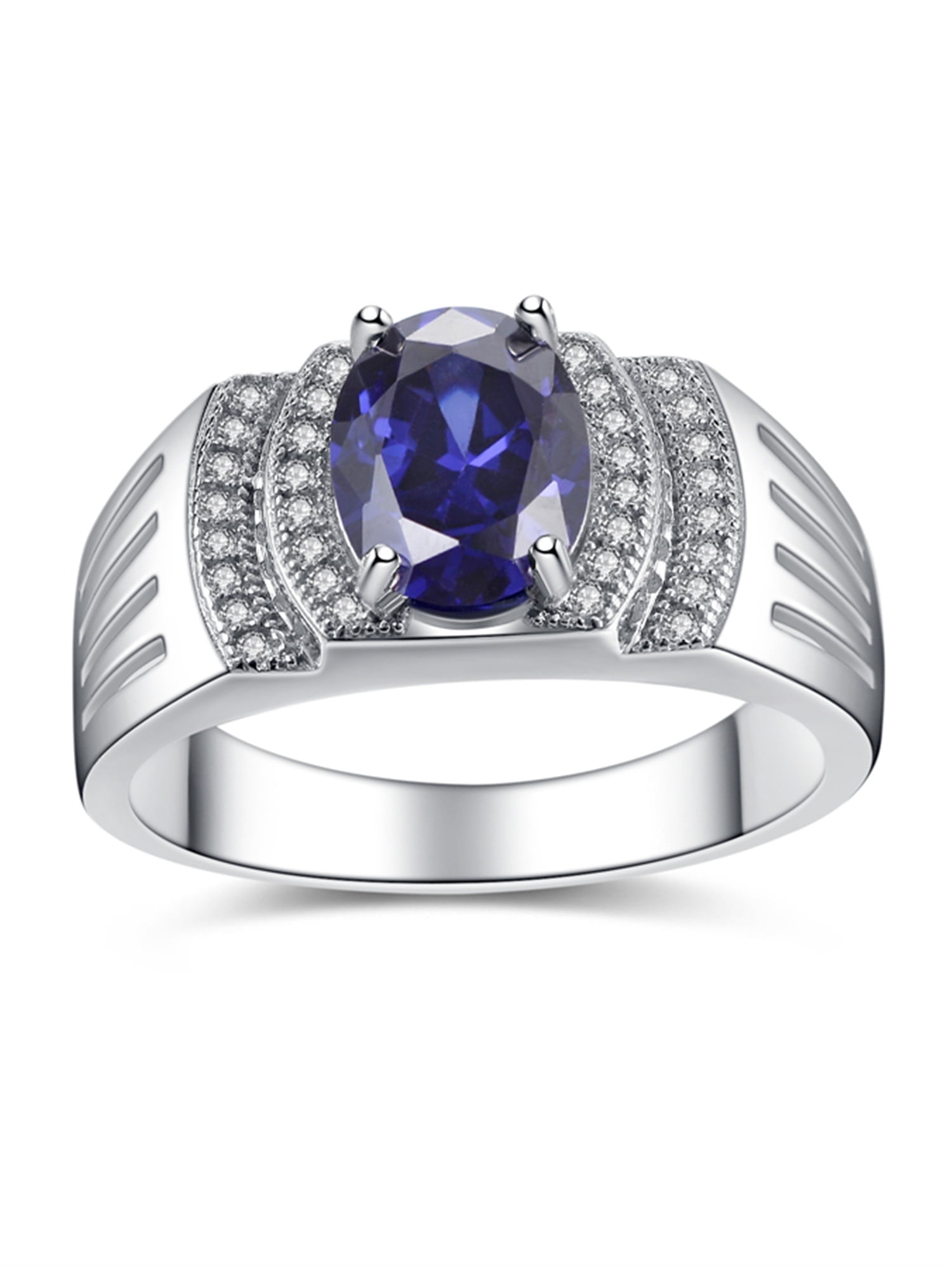 MABELLA Solid 925 Sterling Silver Oval Cut Simulated Blue Tanzanite Cubic Zirconia Men's Wedding ...