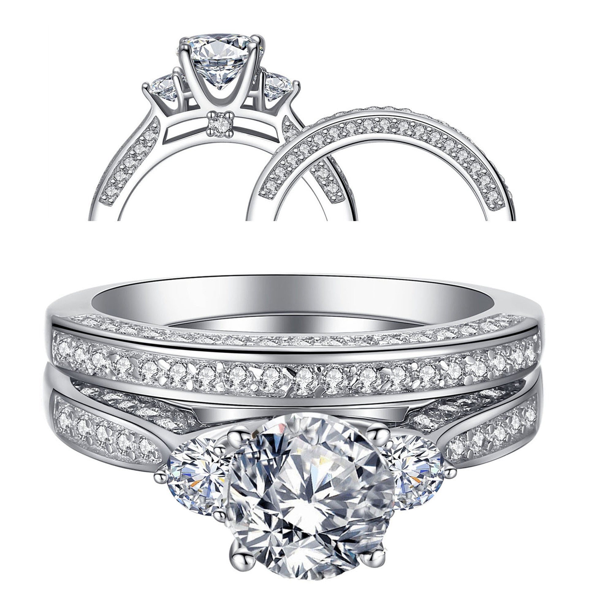 MABELLA Three Stone Brilliant Cut CZ Sterling Silver Wedding Rings Size ...