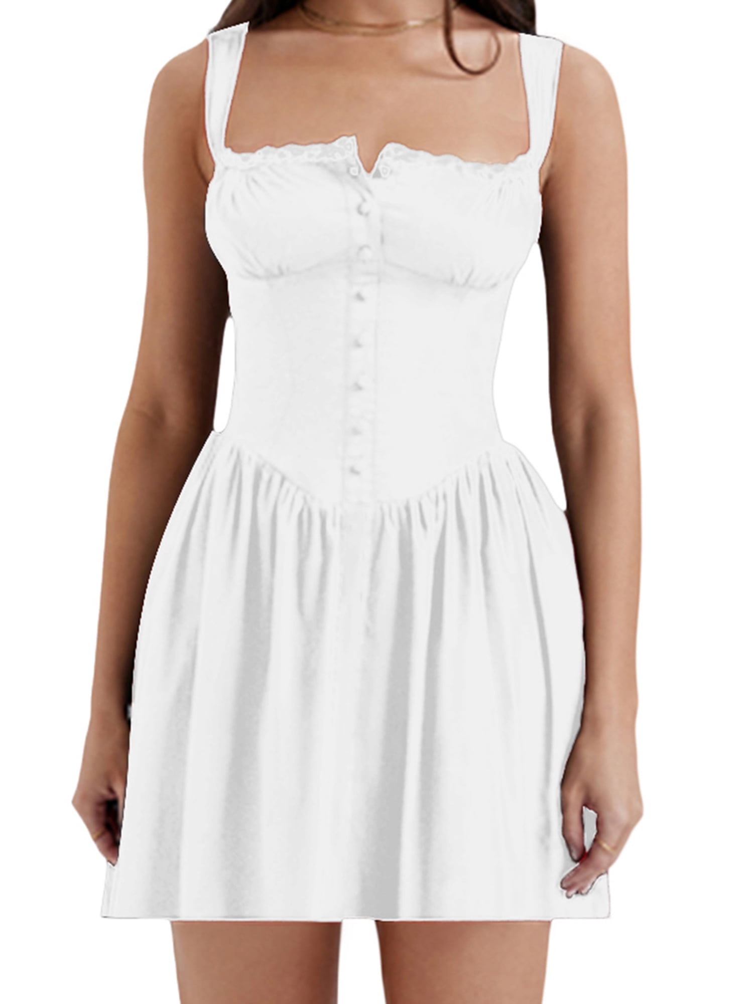 Dewadbow Women Corset Mini Dress Spaghetti Strap Bodycon Dress Low Cut ...