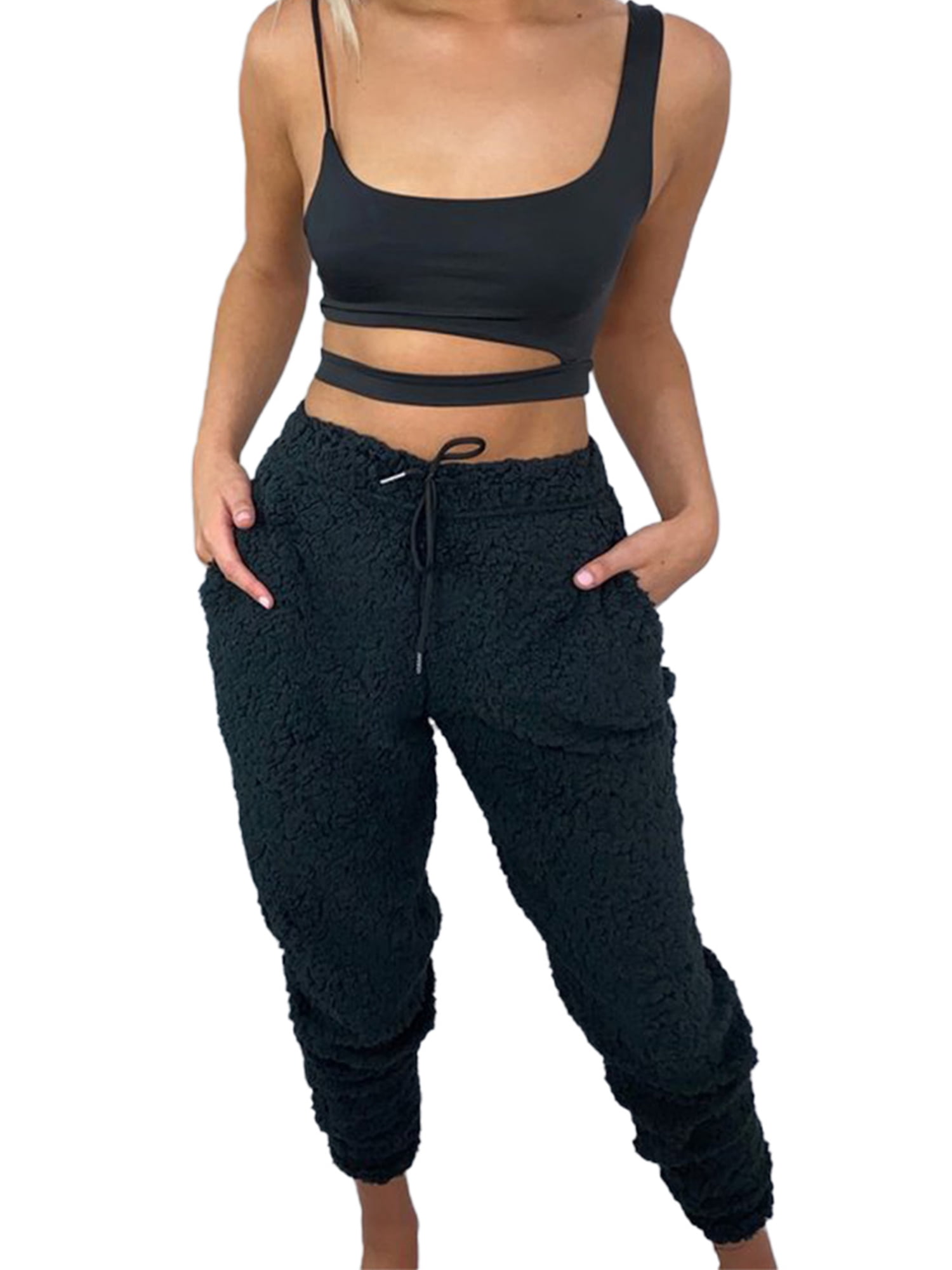 Dewadbow Women High Waist Loose Plush Fluffy Pajama Pants Warm Fleece ...