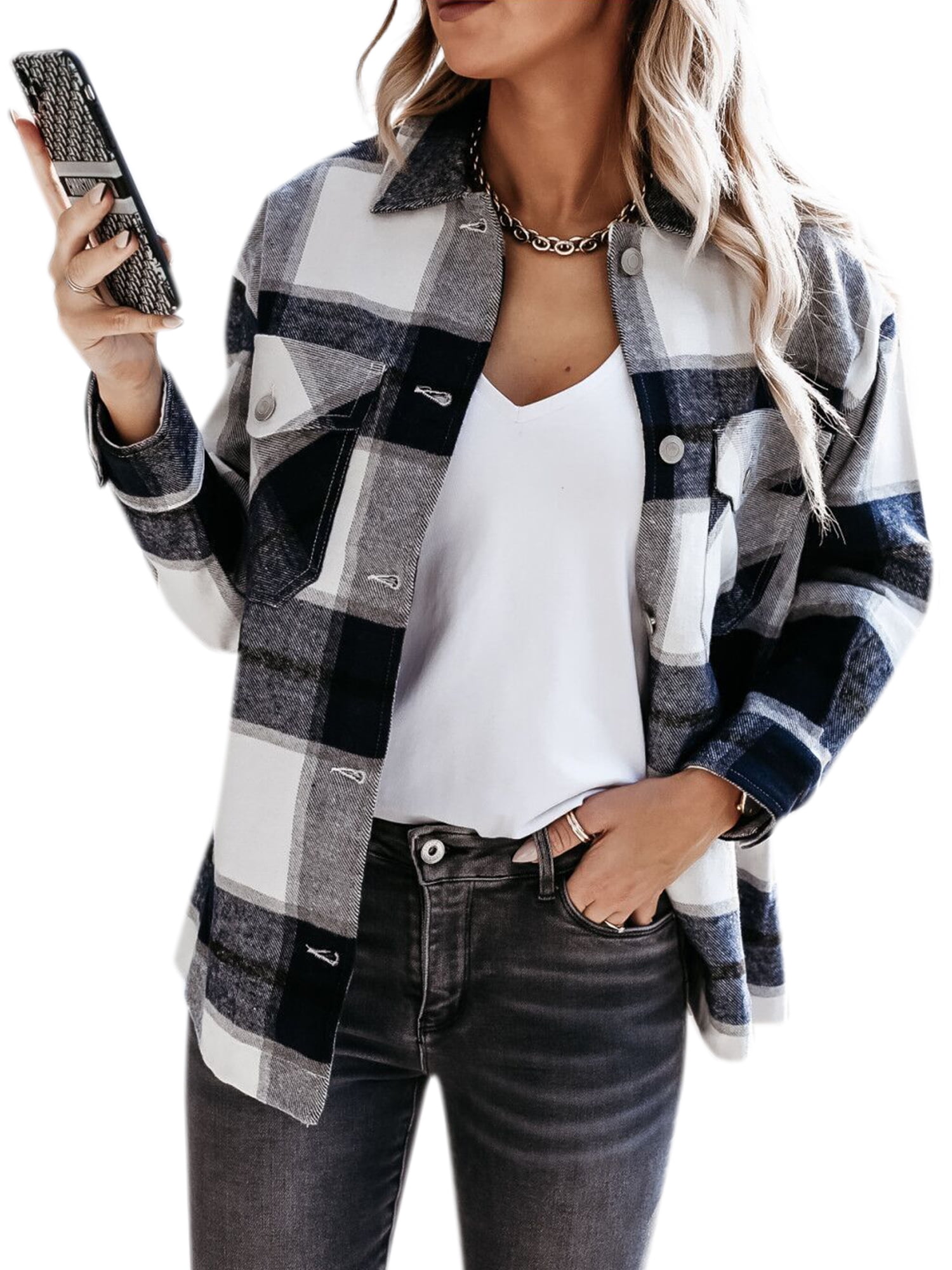Dewadbow Women Long Sleeve Loose Plaid Jacket Buttons Pockets Shirt ...