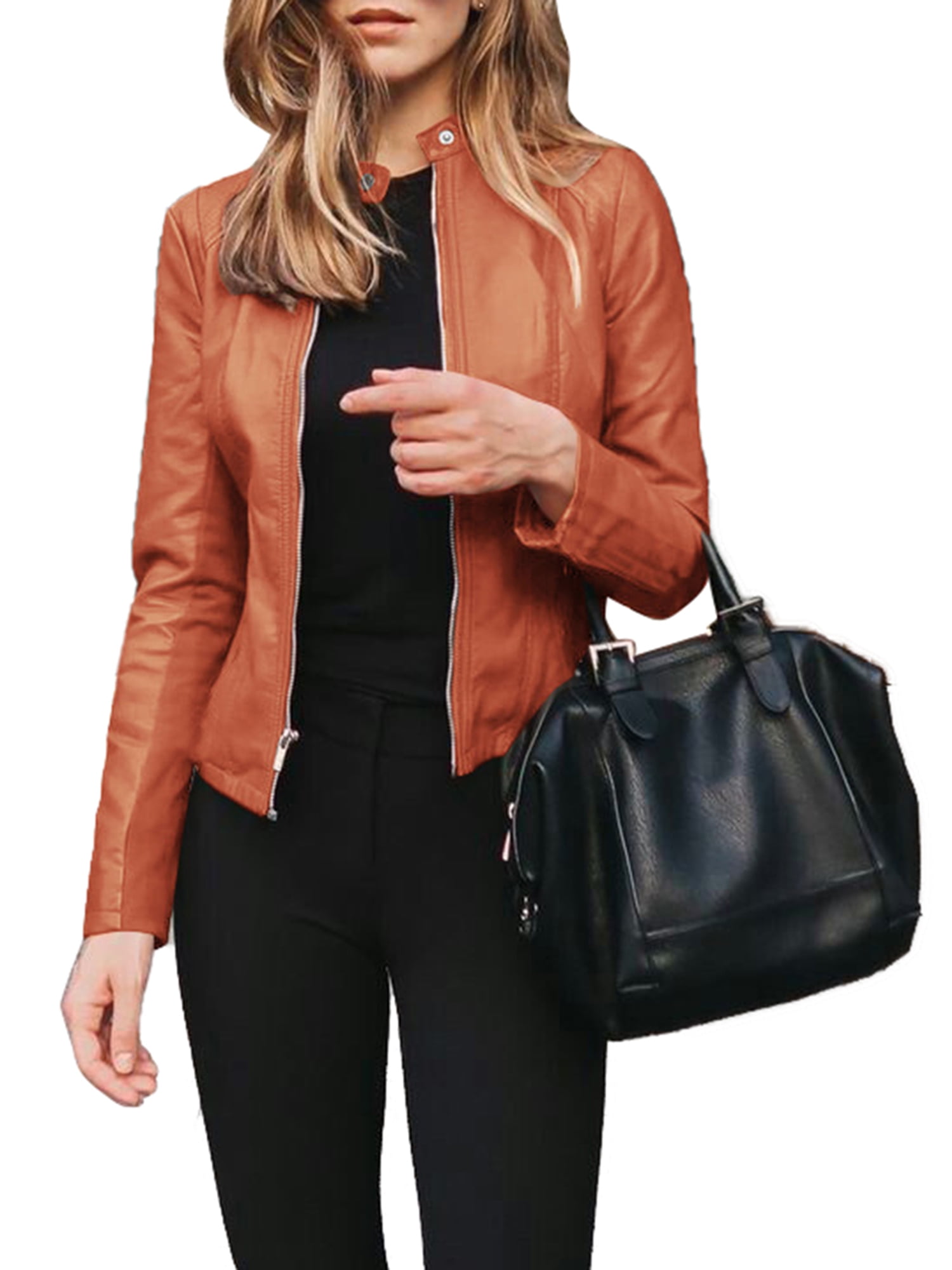 Dewadbow Women'S Faux Leather Jacket Zip Up Short Fitted Slim Cropped ...