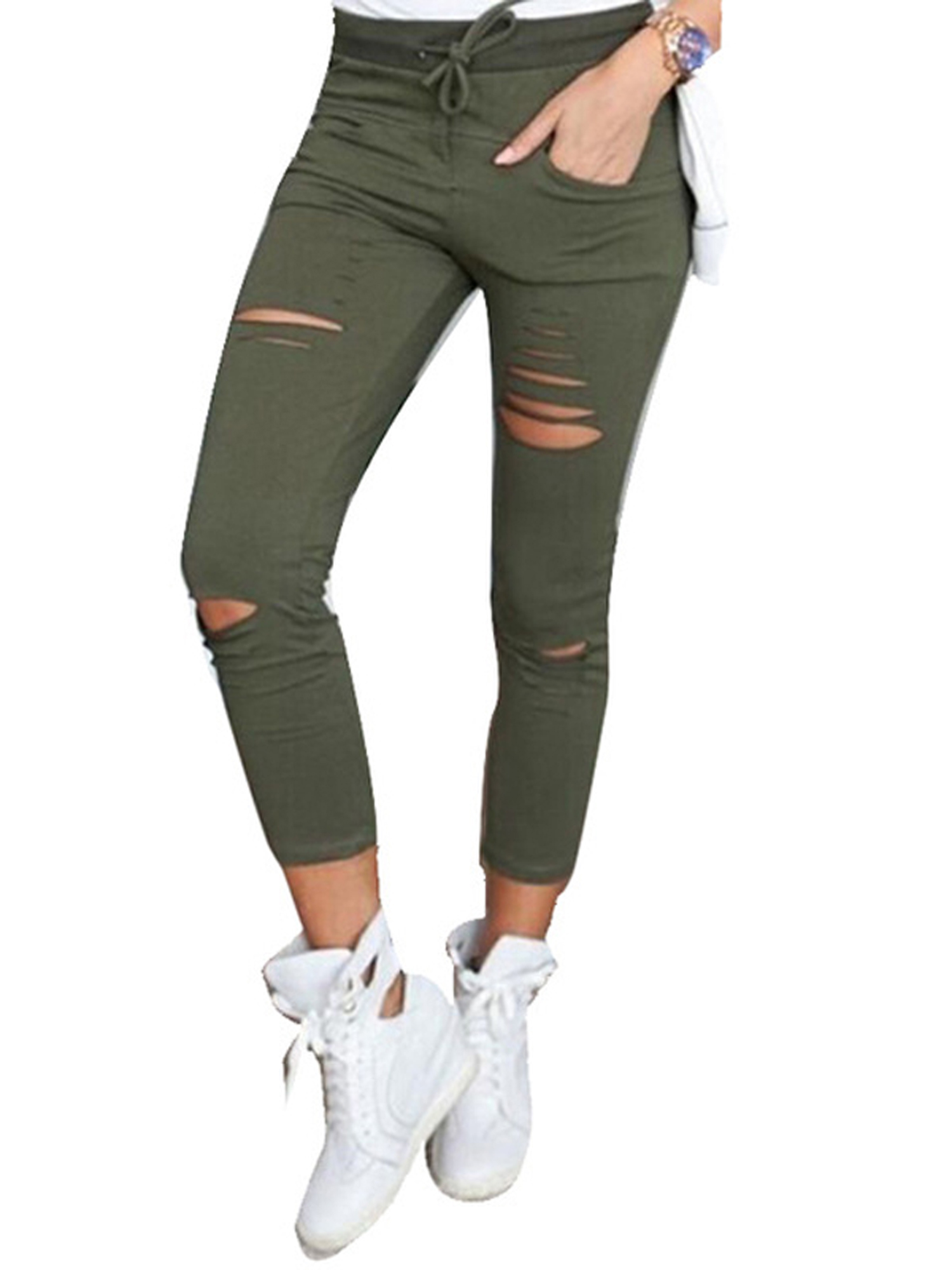 Dewadbow Women Skinny Ripped Holes Jeans Pants Slim Pencil Legings ...