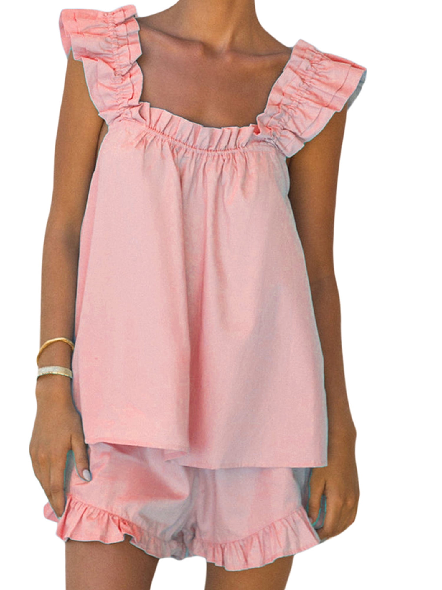 Dewadbow Women Summer 2PCS Pajamas Sets Flying Sleeveless Square Neck ...