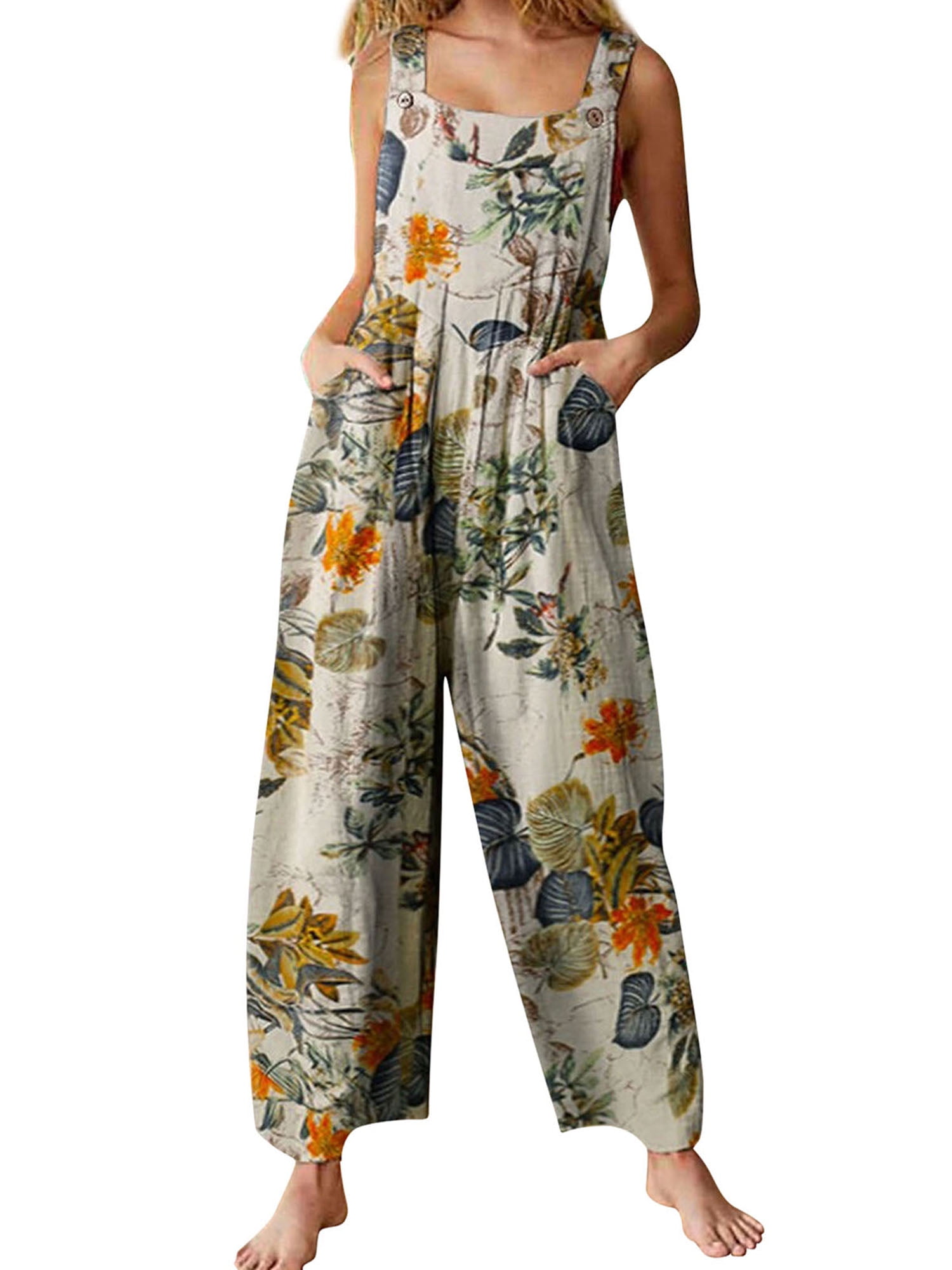 Dewadbow Women Summer Jumpsuit Floral Square Neck Sleeveless Casual ...