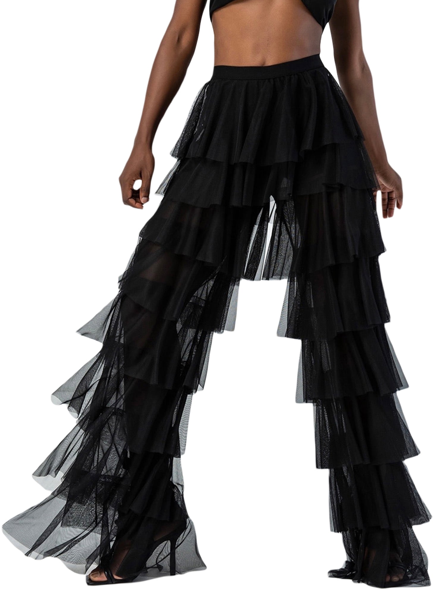 Dewadbow Women Wide Sheer Mesh Tiered Ruffled Pants High Waist Layered ...