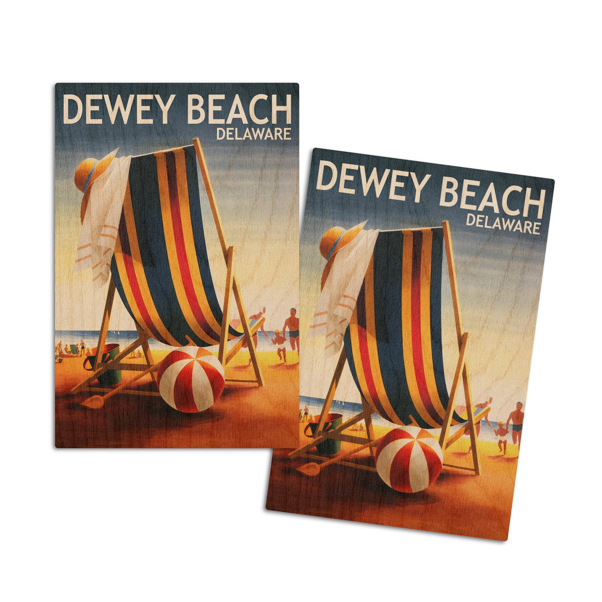 Dewey Beach, Delaware, Beach Chair and Ball (4x6 Birch Wood Postcards ...