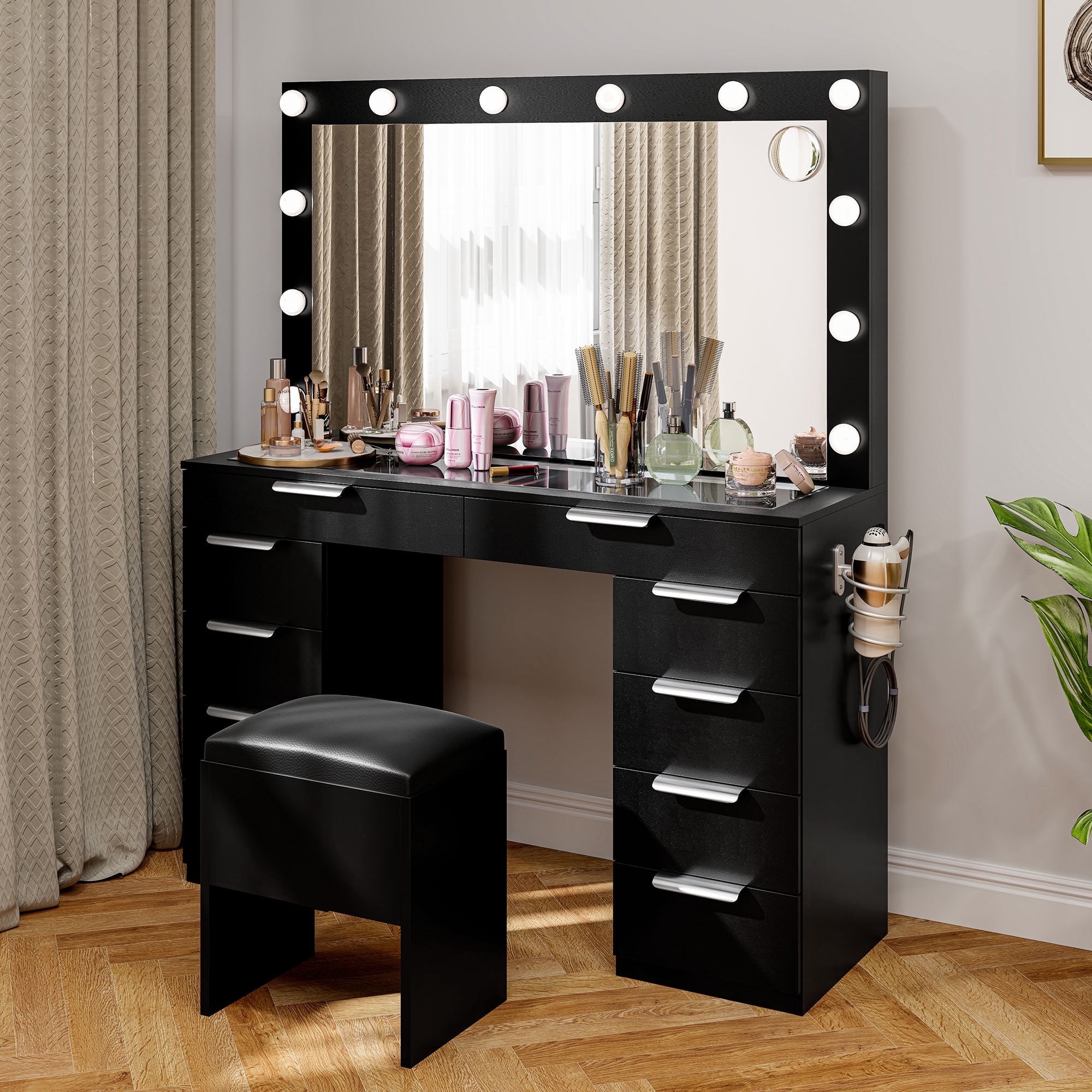 Dextrus 10-Drawer Vanity Desk with Large Mirror, Charging Station ...