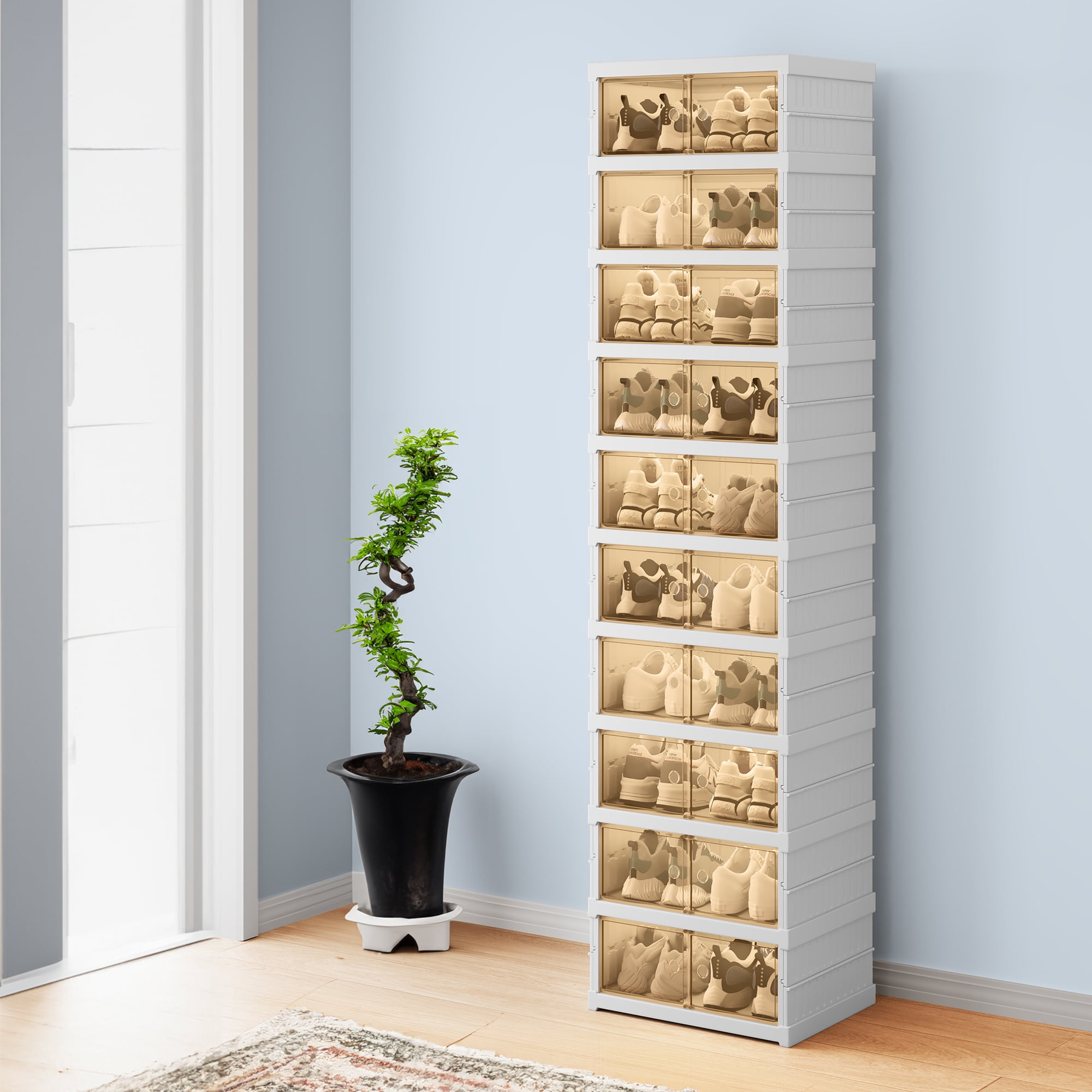 Dextrus 10-Tier Shoe Box, 20-Pair Storage with Magnetic Doors, Foldable ...