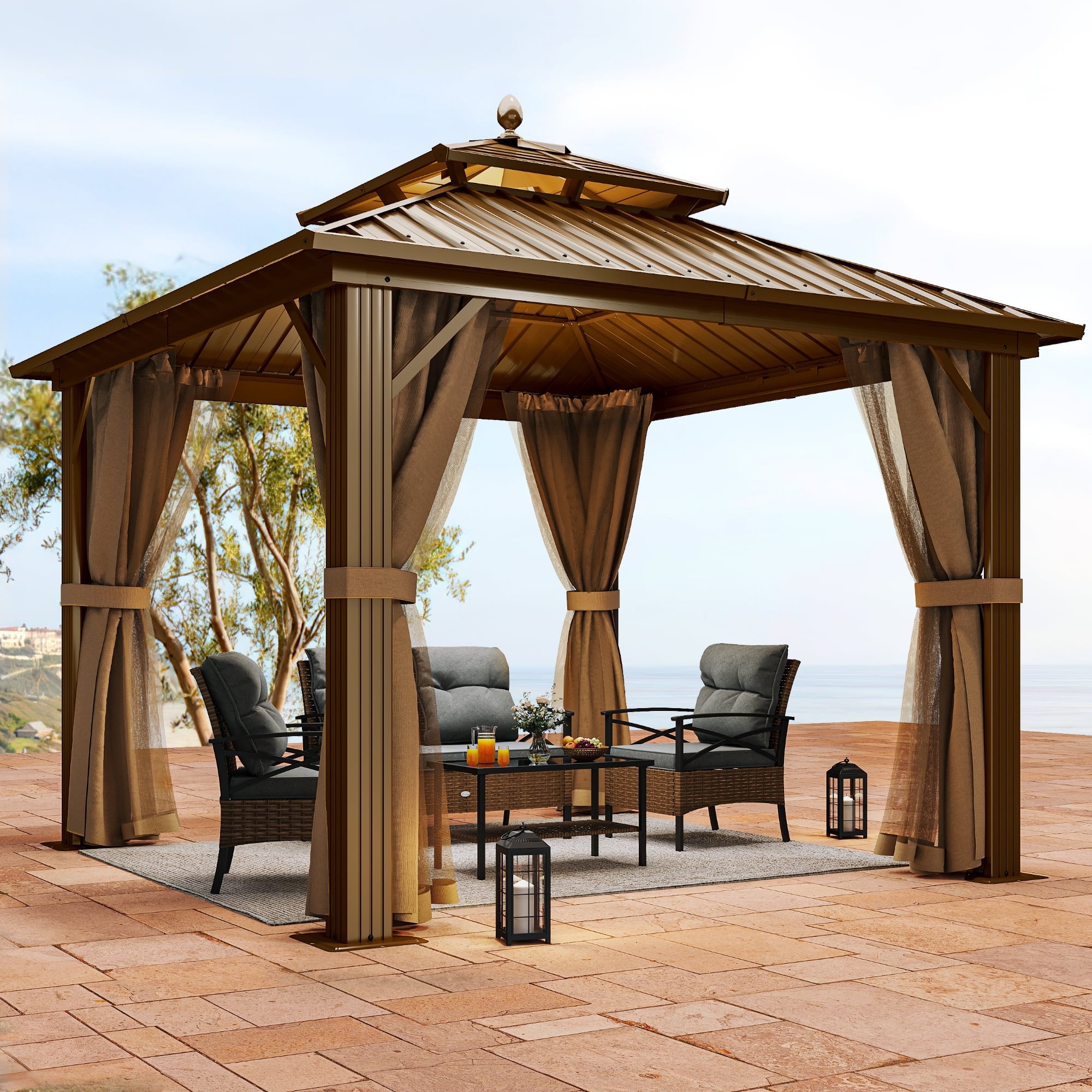 Dextrus 10' x 10' Double Roof Hardtop Gazebo, Galvanized Steel with ...