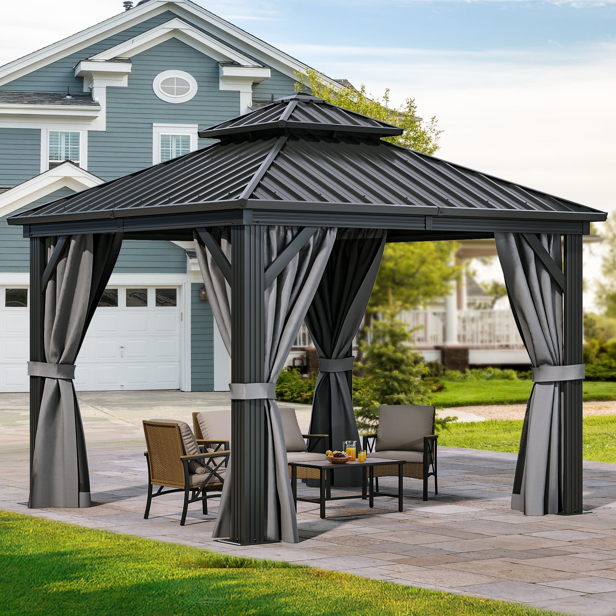 Dextrus 10ft Hardtop Gazebo with Netting & Curtains, Galvanized Steel ...
