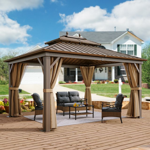 Dextrus 10ft x12ft Double Roof Hardtop Gazebo with Netting&Curtains ...