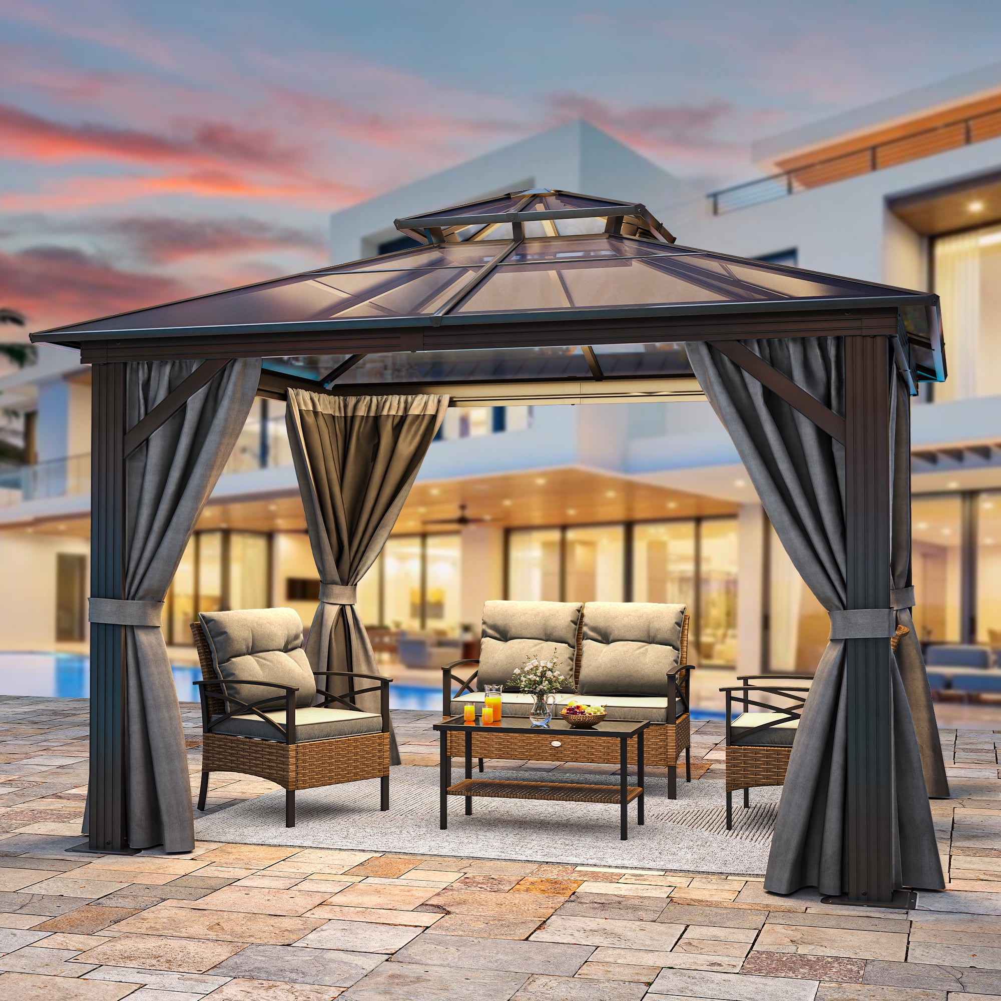 Dextrus 10x10FT Outdoor Double Roof Gazebo Polycarbonate Hardtop with ...