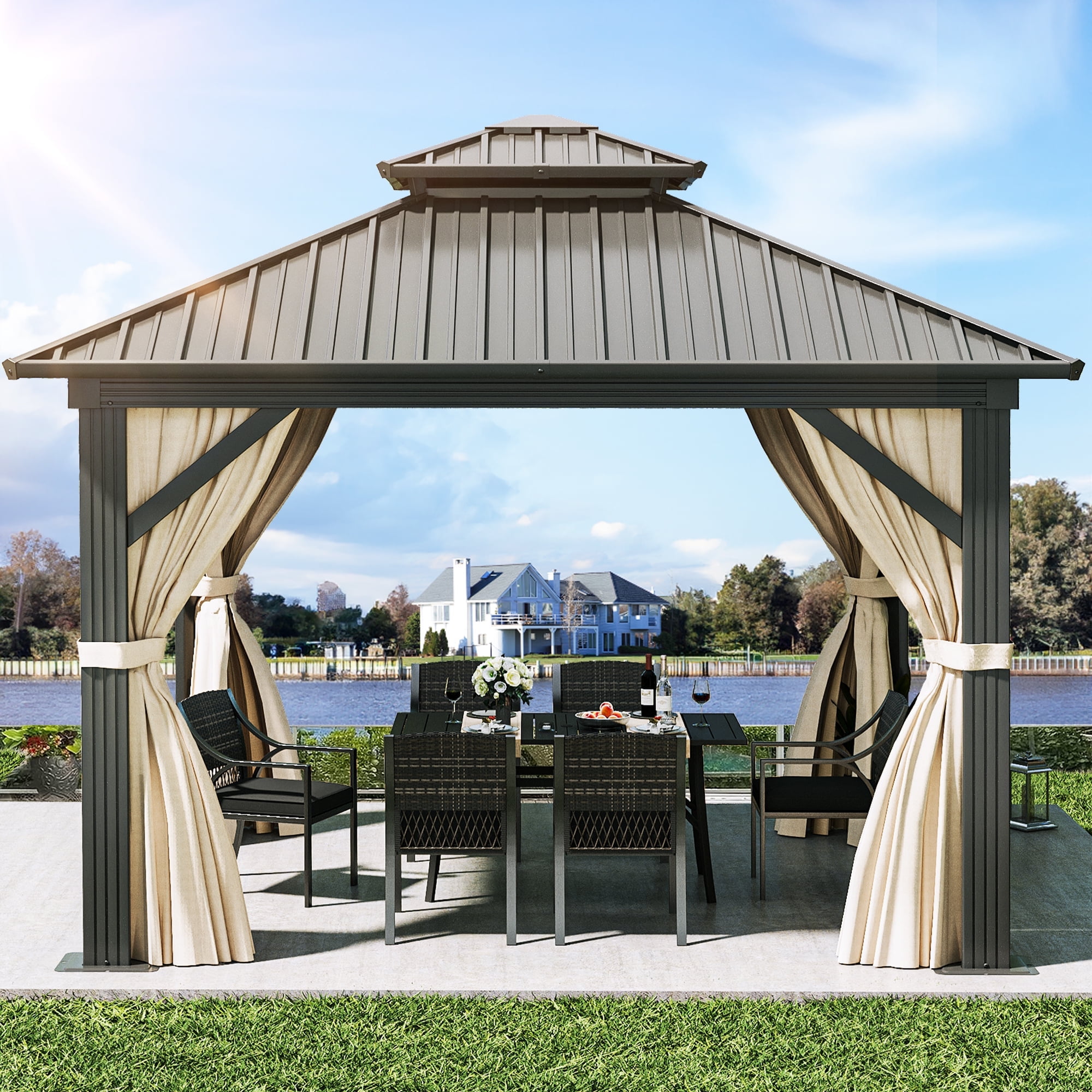 Dextrus 10x10ft 2-Tier Gazebo with Double Roof, Netting, Curtains ...