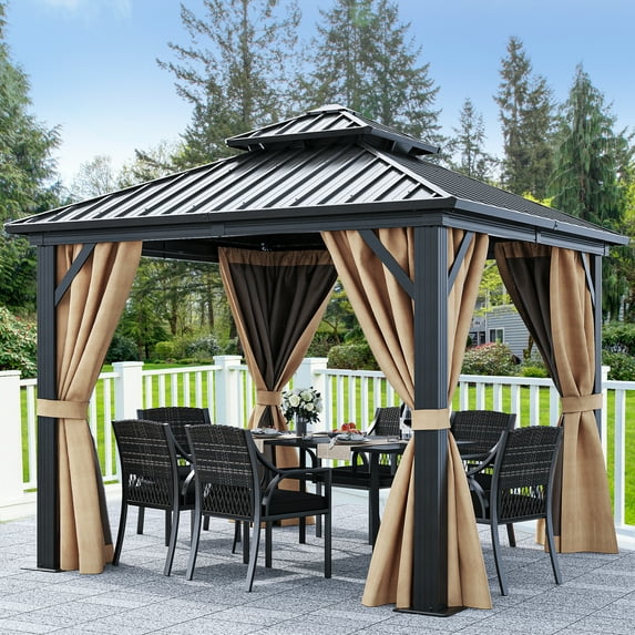 Dextrus 10x10ft Hardtop Gazebo with Netting, Double Roof, Curtains, for ...