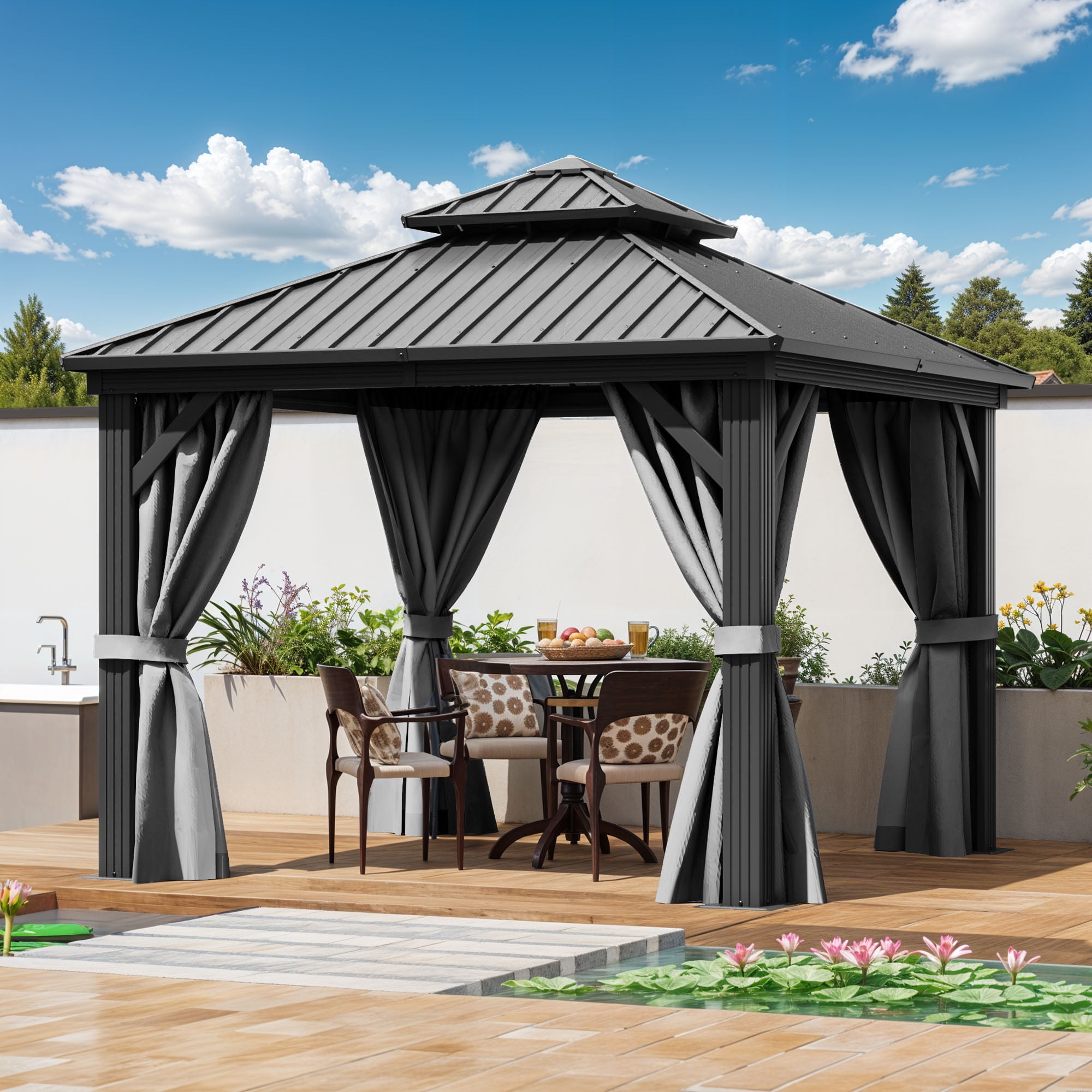 Dextrus 10x10ft Hardtop Gazebo with Netting & Gray Curtains,Double Roof ...