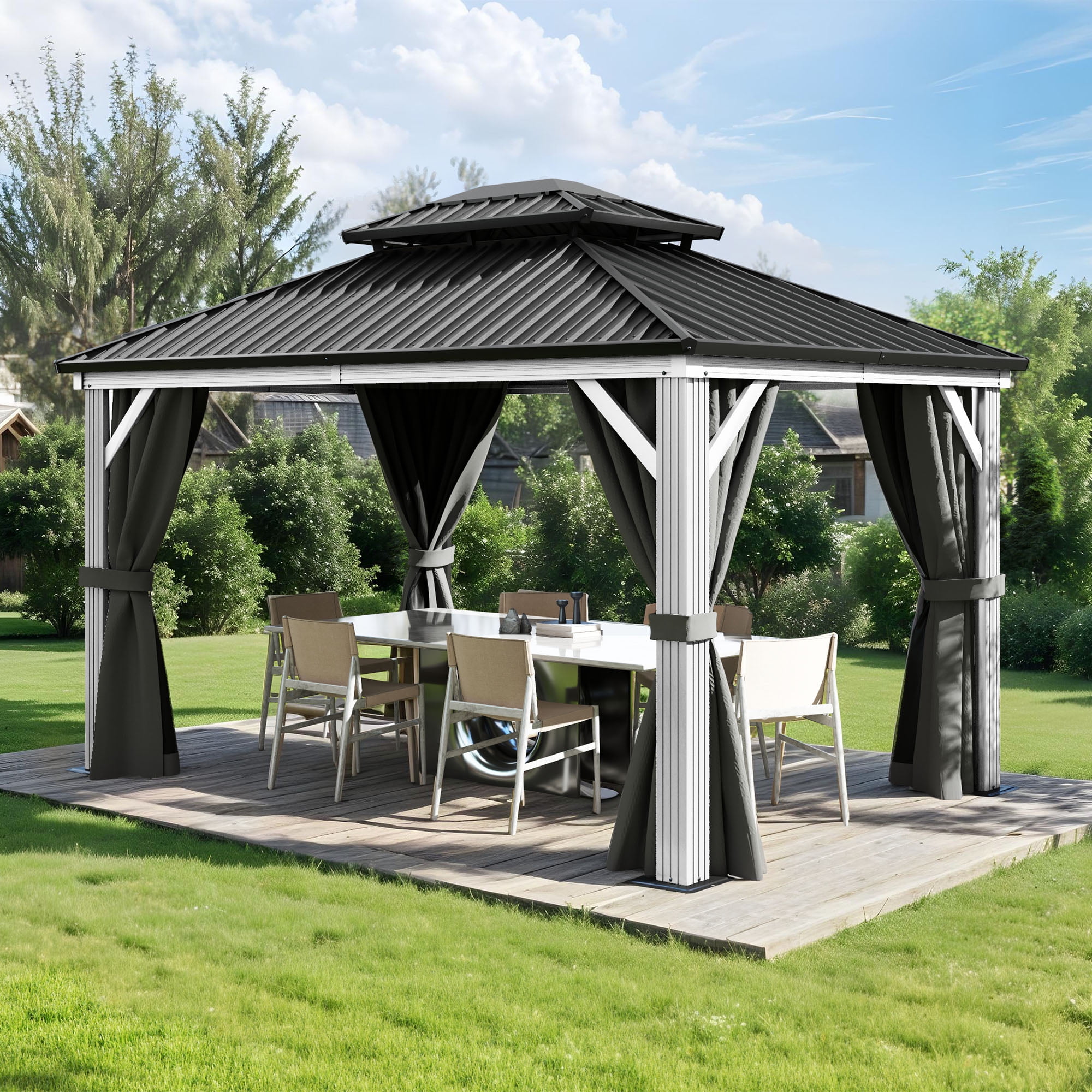 Dextrus 10x12 FT Outdoor Hardtop Gazebo,Double Roof Canopy, Aluminum ...