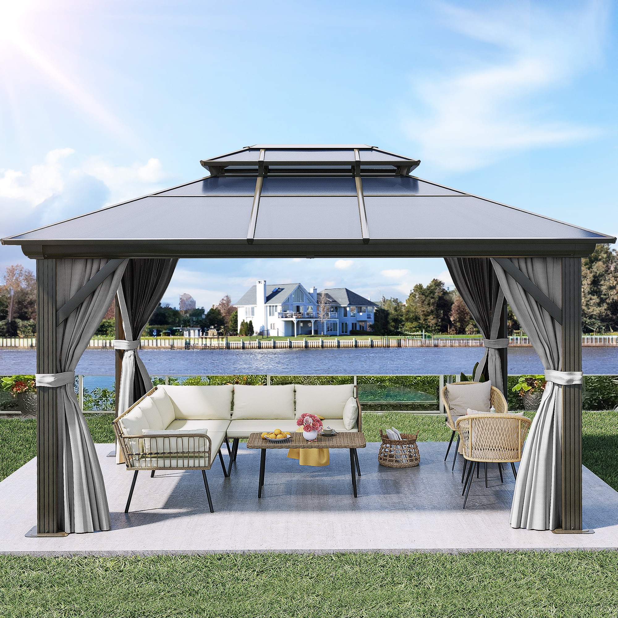 Dextrus 10' x 12' Double Roof Hardtopy Gazebo with Double Polycarbonate ...