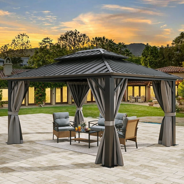 Dextrus 10x12ft Hardtop Gazebo with Netting & Curtains, Heavy Duty ...