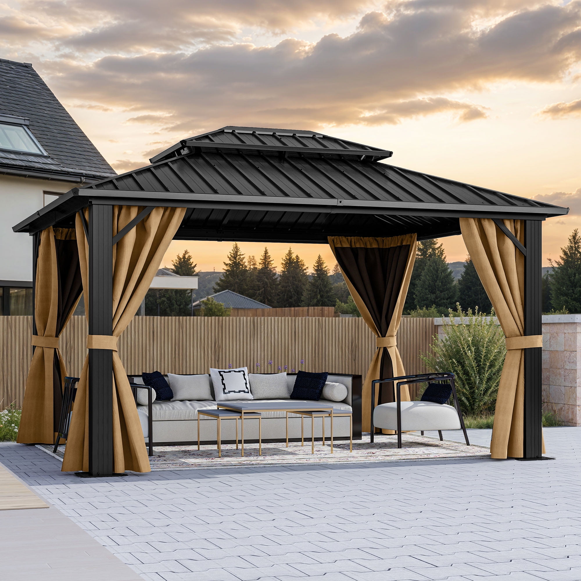 Dextrus 10x12ft Double Roof Hardtop Gazebo with Netting & Brown ...